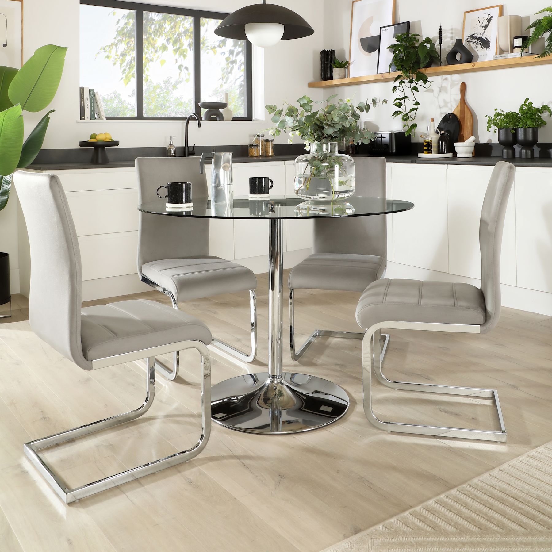 Orbit Round Dining Table & 4 Perth Chairs, Glass & Chrome, Grey Classic ...