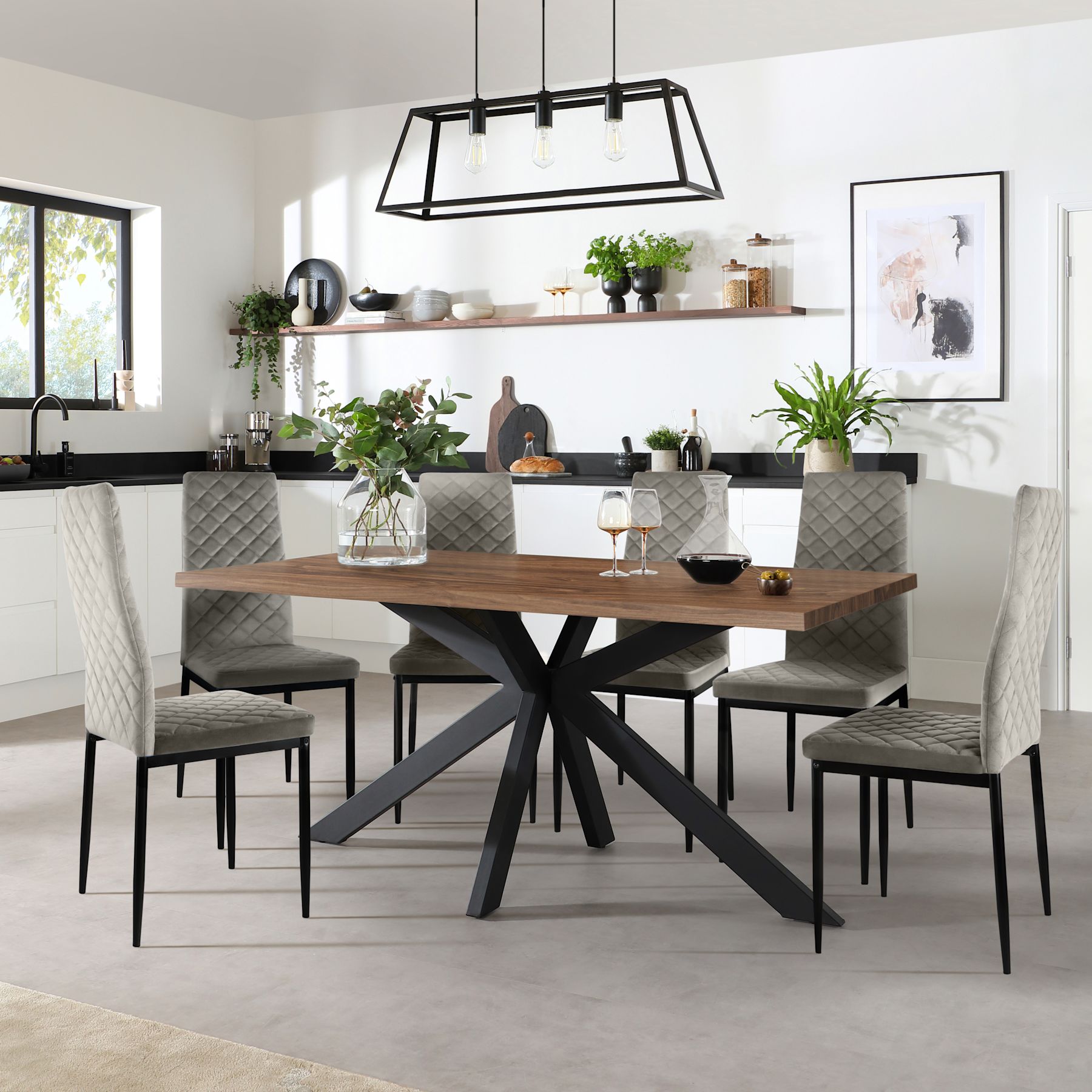 Madison Industrial Dining Table & 6 Renzo Chairs, Walnut Effect & Black ...