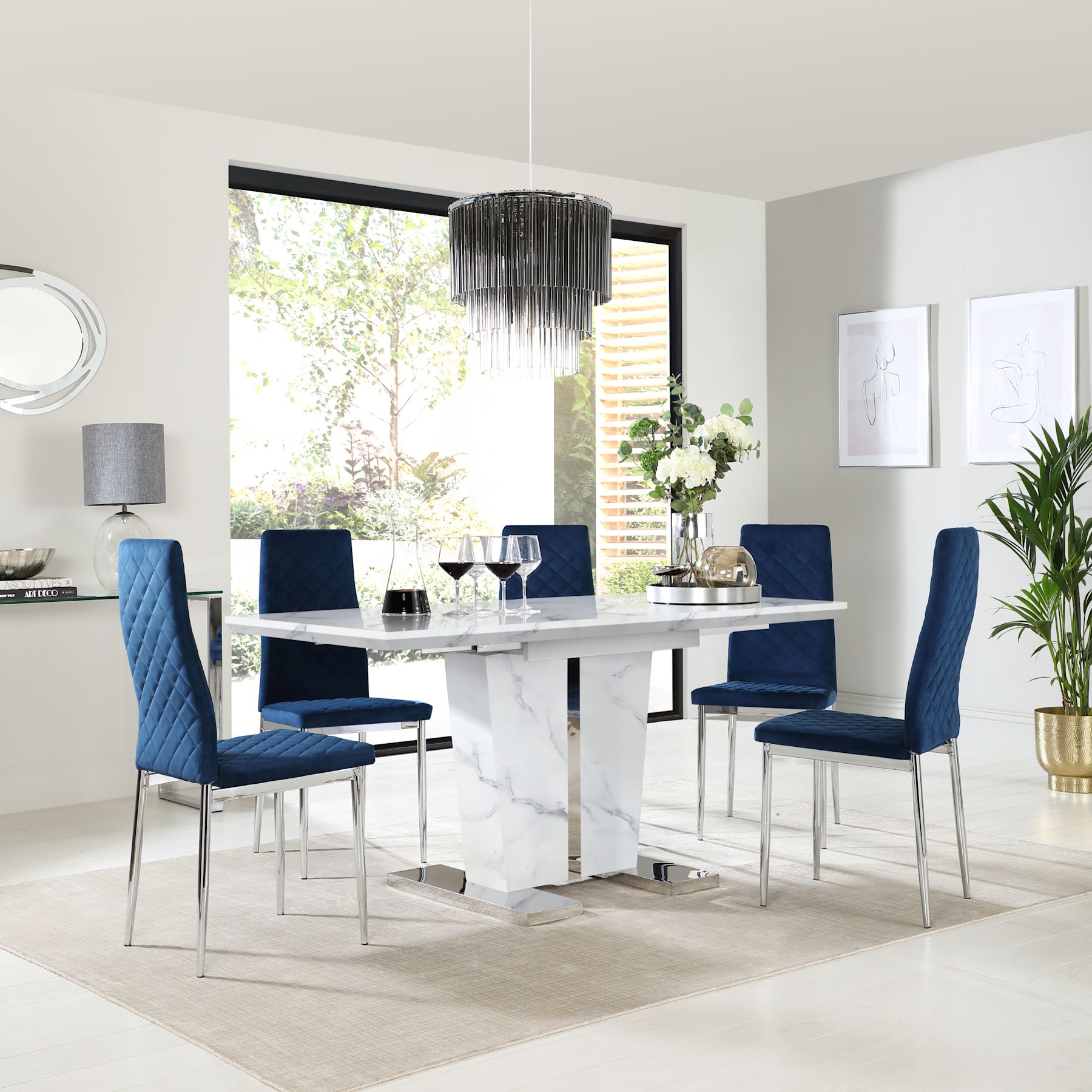 Vienna Extending Dining Table & 6 Renzo Chairs, White Marble Effect, Blue Classic Velvet ...