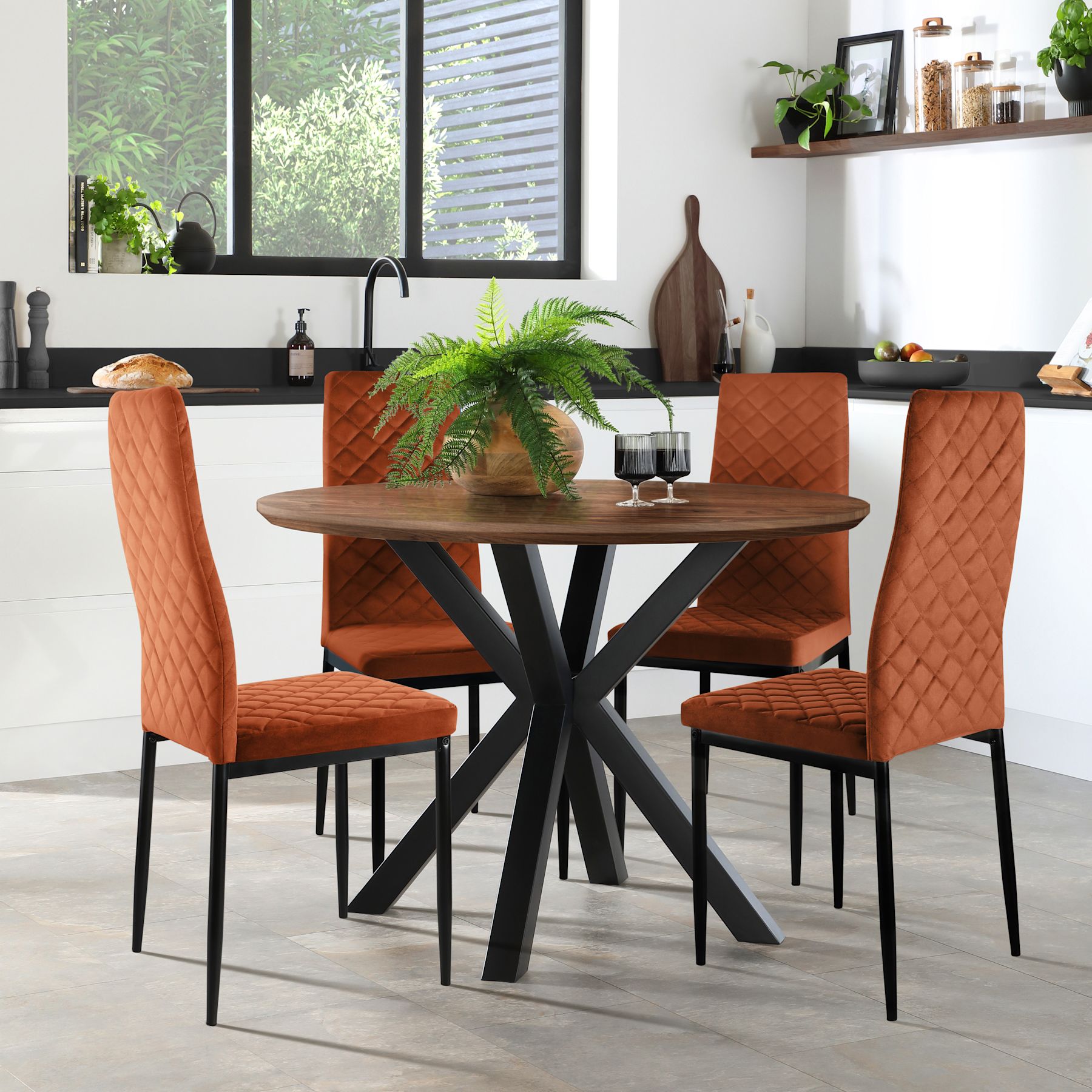 Newark Round Industrial Dining Table & 2 Renzo Chairs, Walnut Effect ...