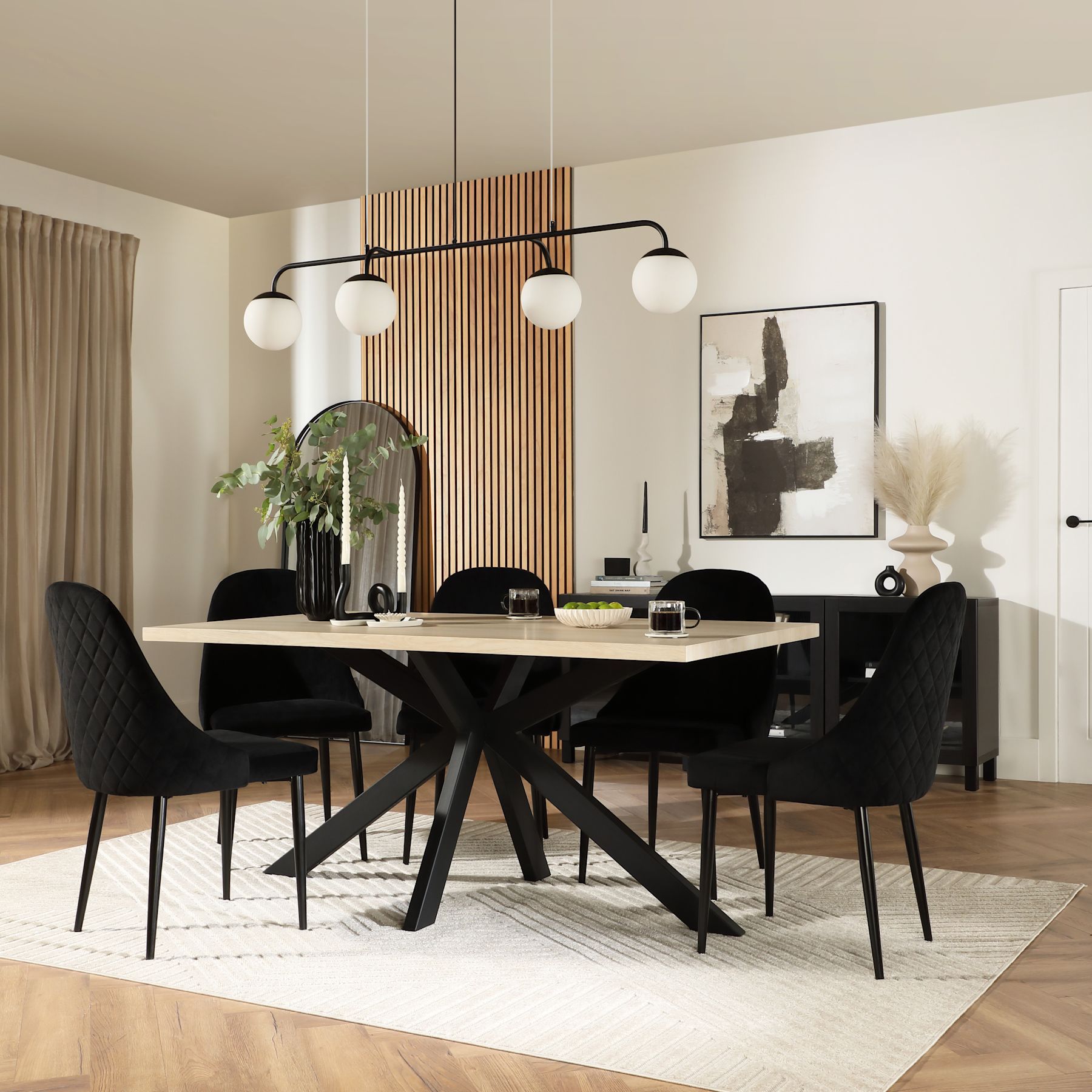 Madison Dining Table & 4 Ricco Chairs, Light Oak Effect & Black Steel ...