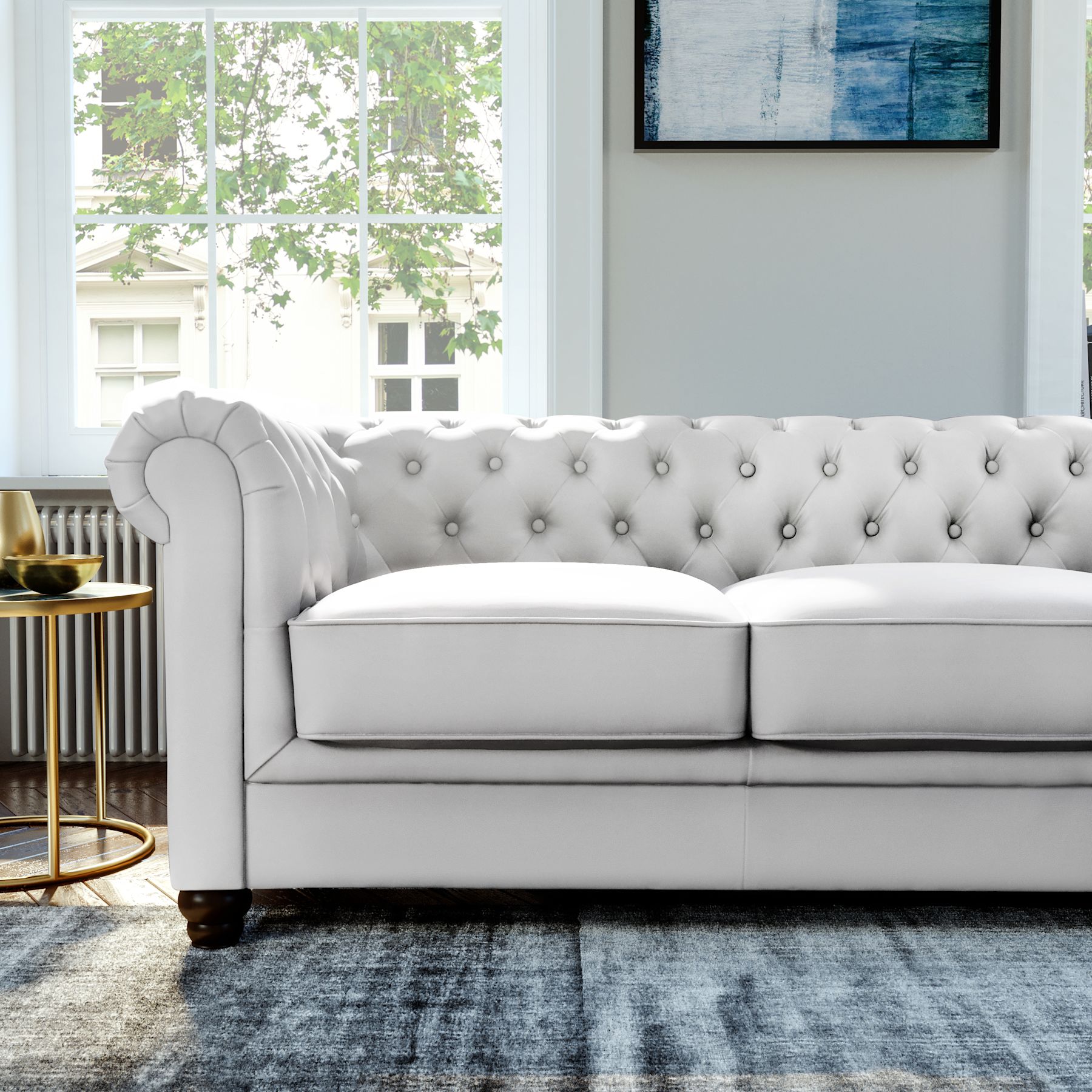 Hampton 3+2 Seater Chesterfield Sofa Set, Light Grey Premium Faux ...