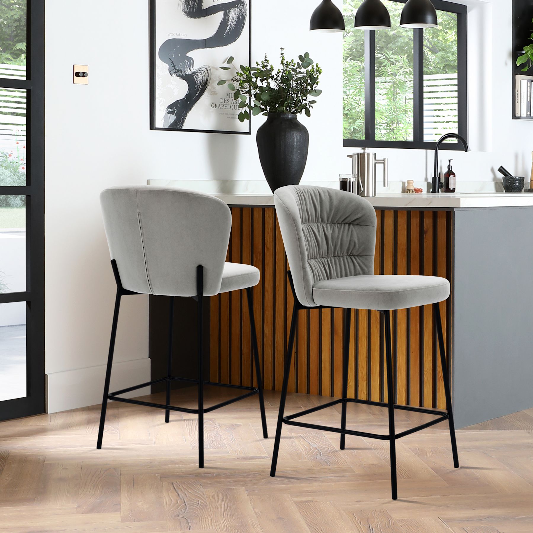 Gianna Bar Stool, Grey Classic Velvet & Black Steel Only £109.99 ...
