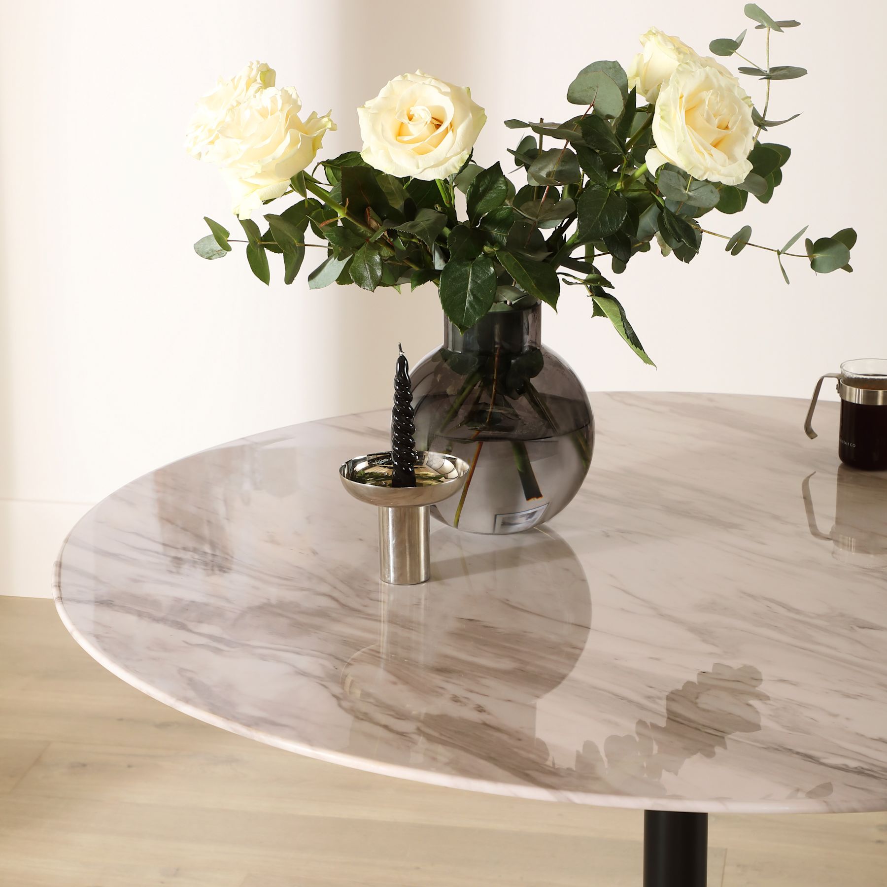 Orbit Round Dining Table & 2 Leon Chairs, Grey Marble Effect & Black ...