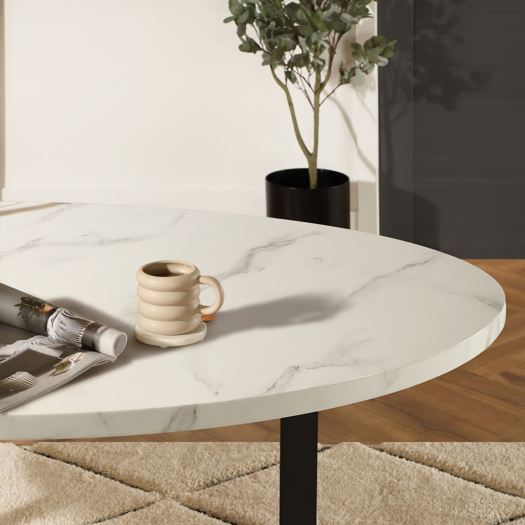 Newbury Oval Dining Table & 6 Ricco Chairs, White Marble Effect & Black ...