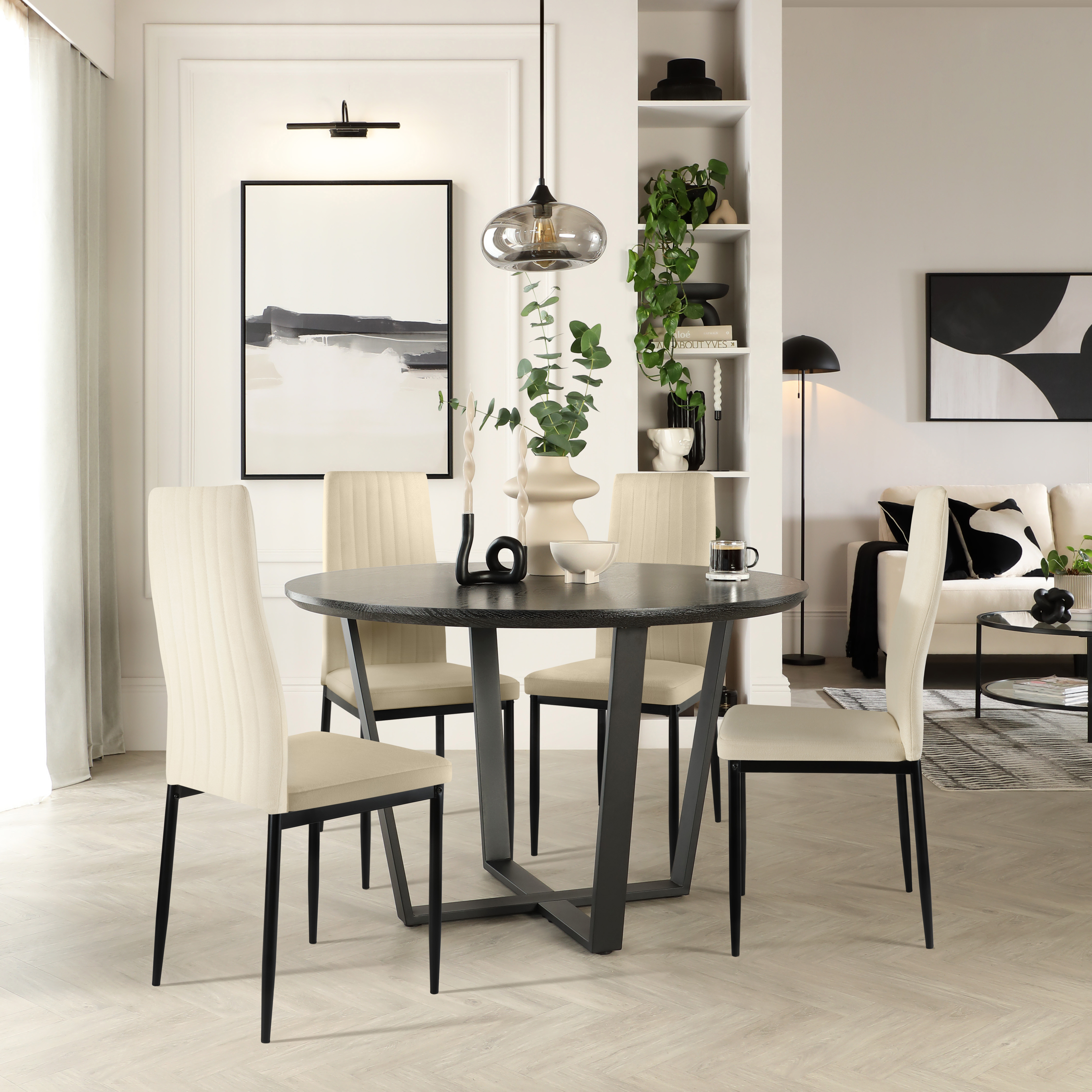 Traviso Round Dining Table & 4 Leon Chairs, Black Oak Effect & Black ...