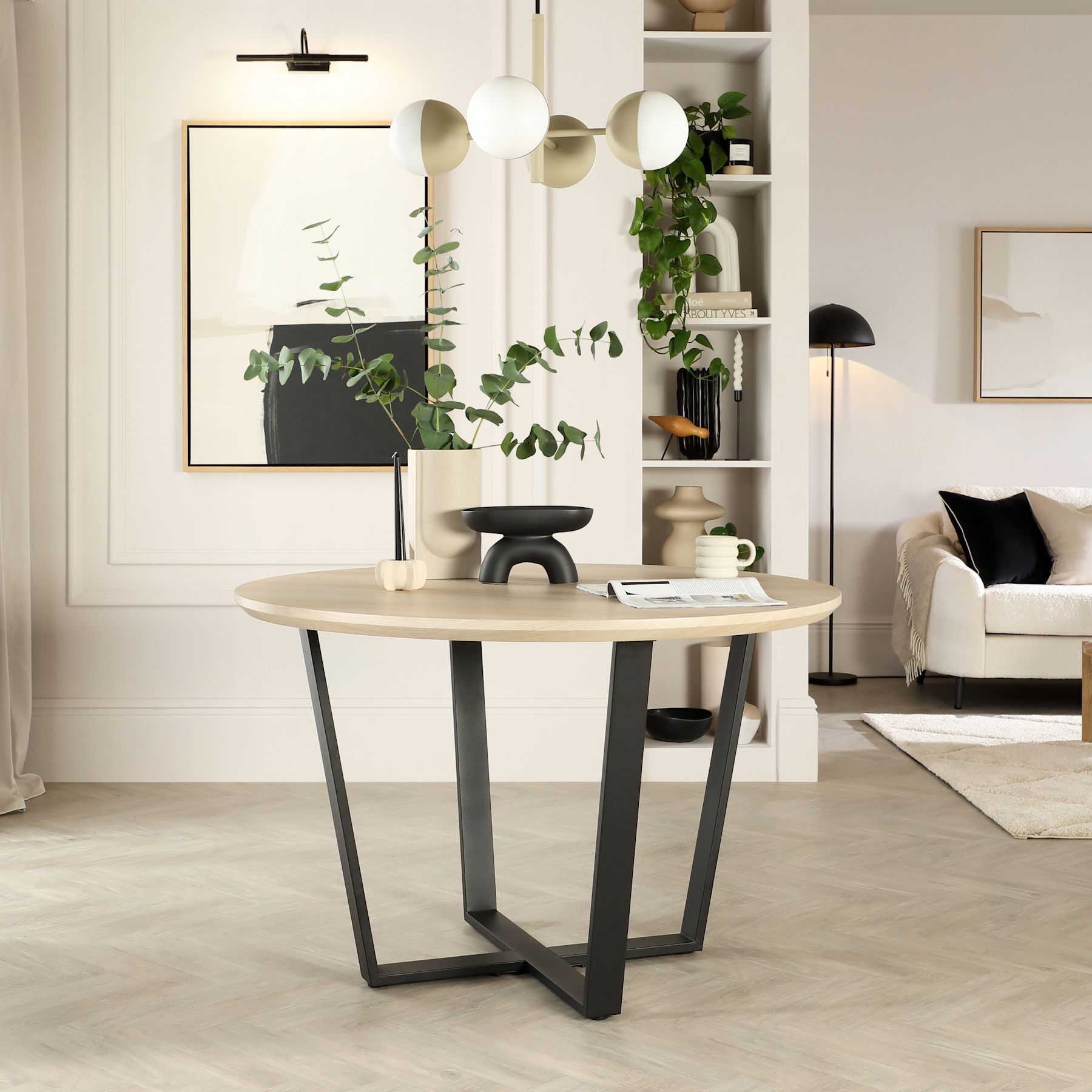 Traviso Round Dining Table, 120cm, Light Oak Effect & Black Steel Only ...