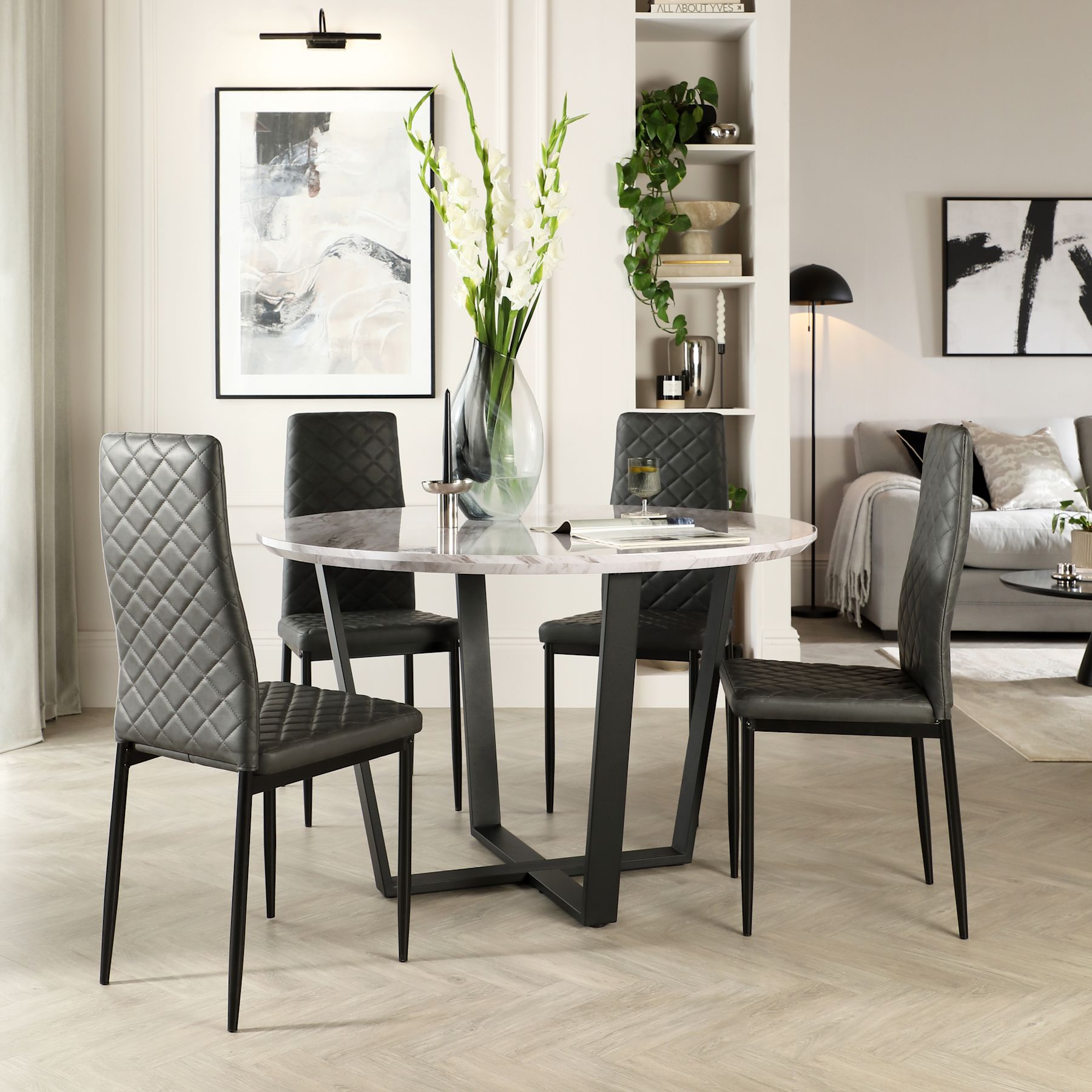Traviso Round Dining Table & 4 Renzo Chairs, Grey Marble Effect & Black ...