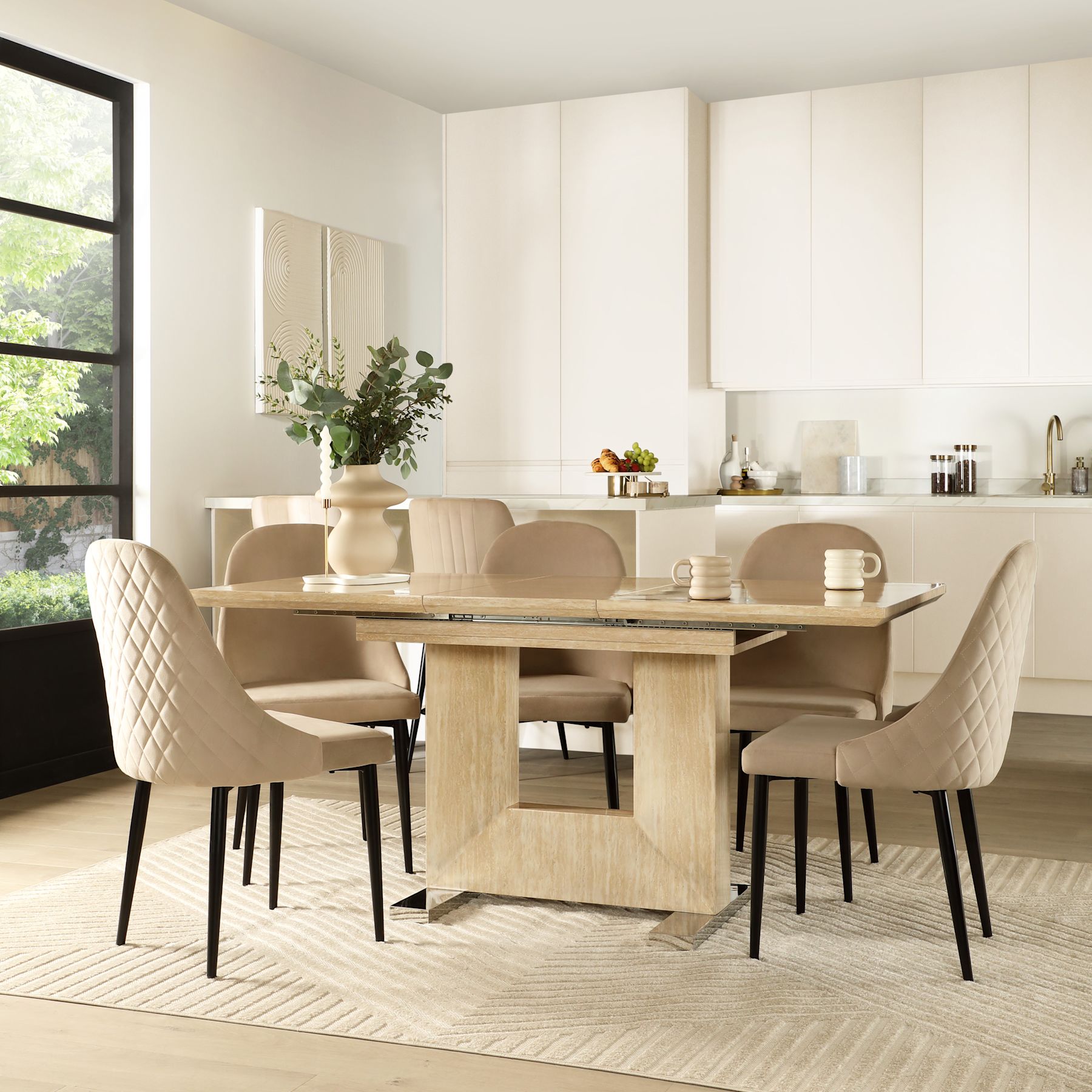 Florence Extending Dining Table & 6 Ricco Chairs, Travertine Stone ...