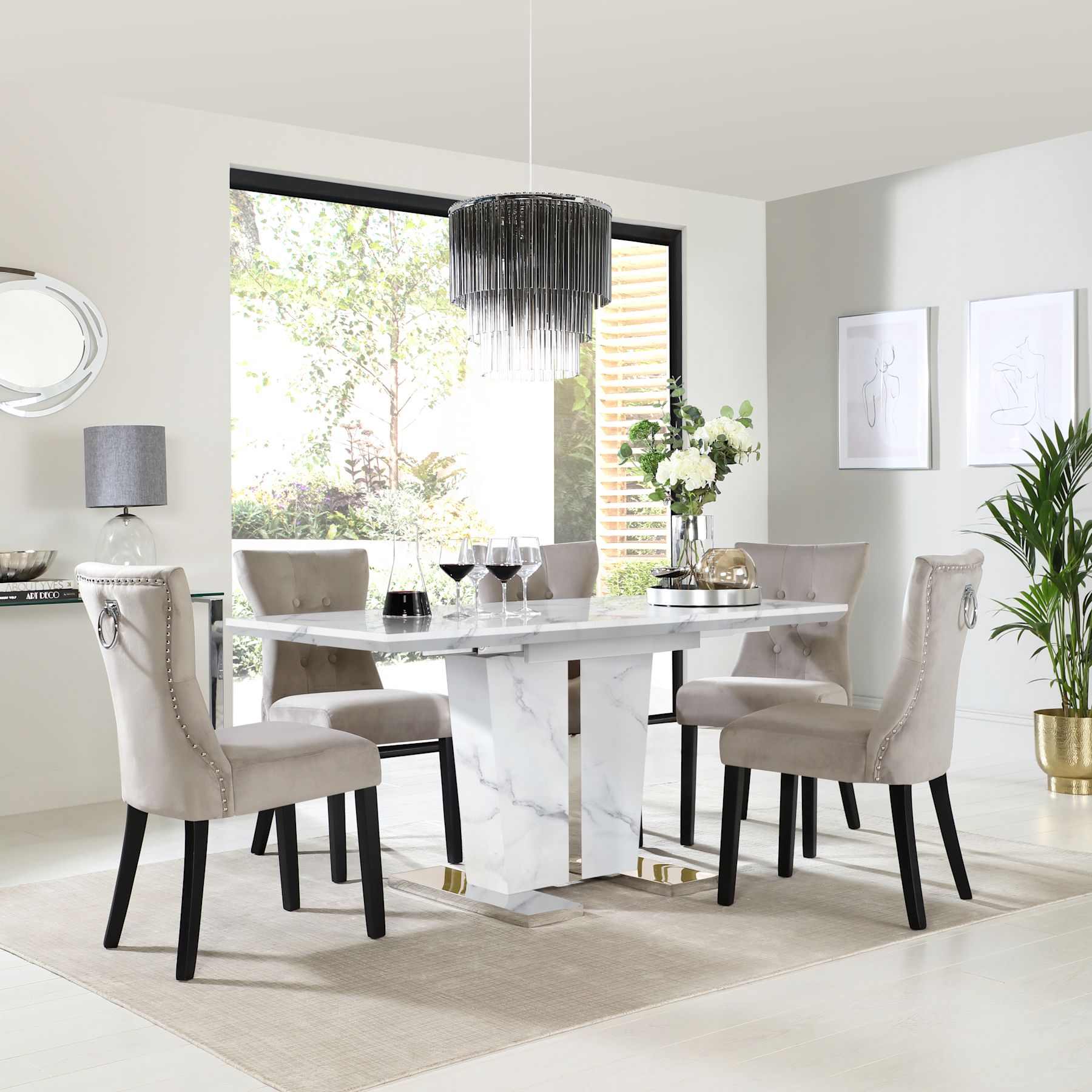 Vienna Extending Dining Table & 6 Kensington Chairs, White Marble Effect, Champagne Classic ...