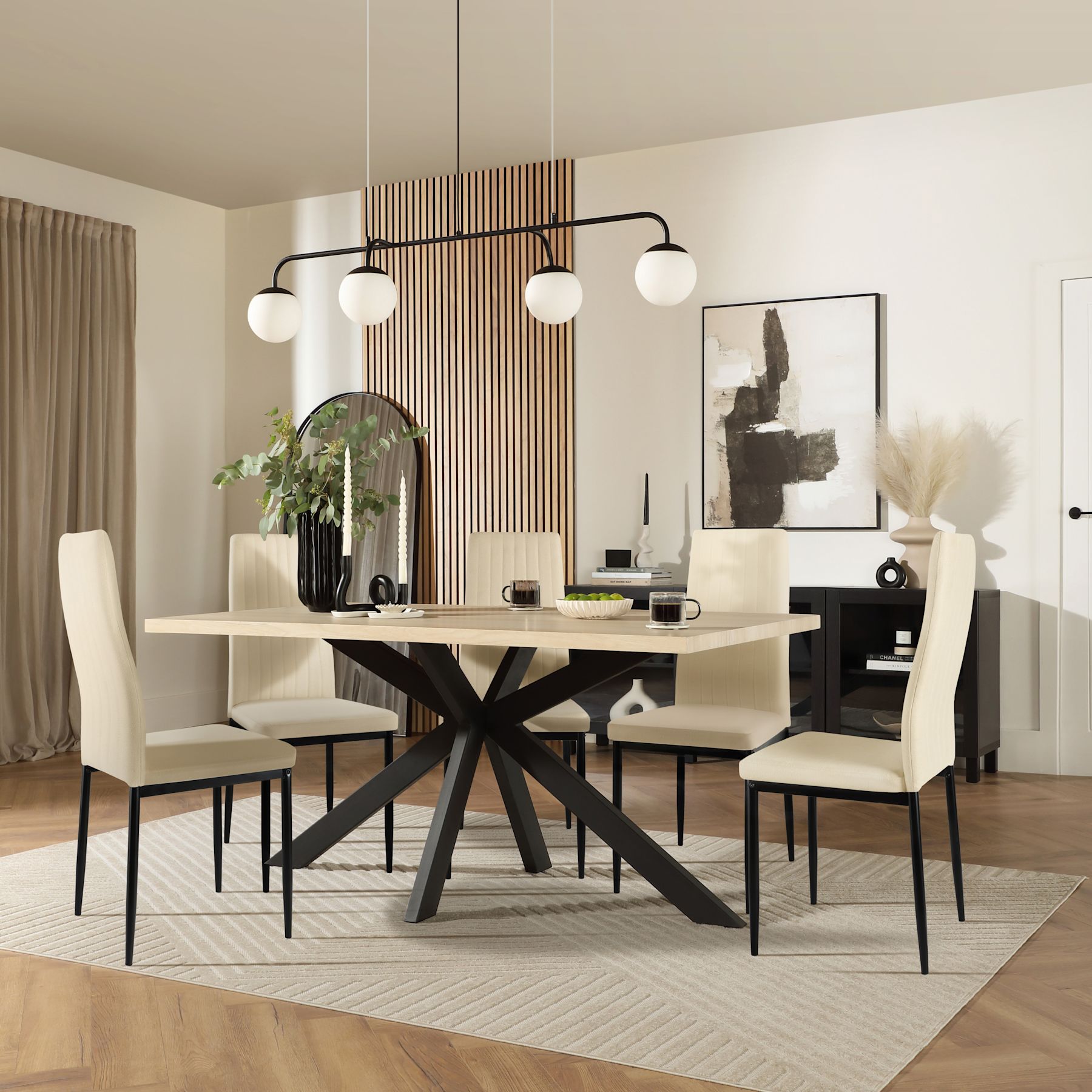 Madison Dining Table & 4 Leon Chairs, Light Oak Effect & Black Steel ...