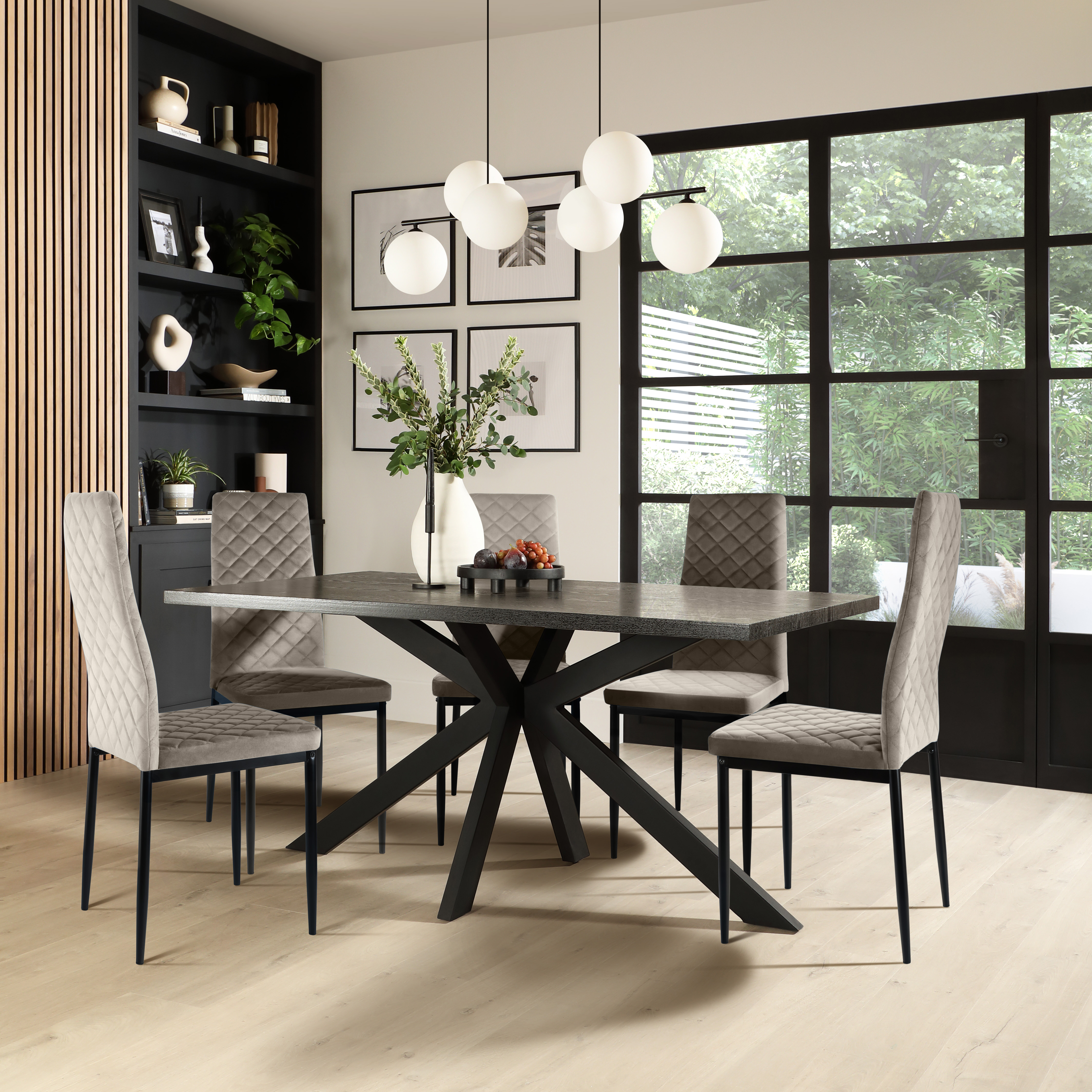 Madison Dining Table & 6 Renzo Chairs, Black Oak Effect & Black Steel ...