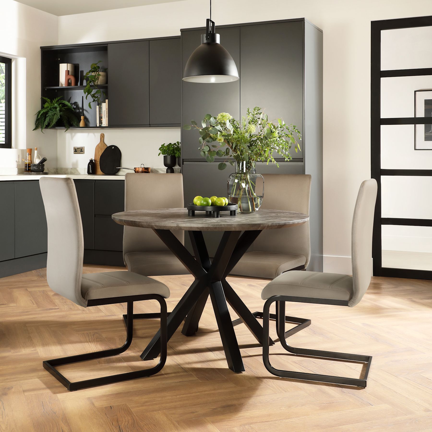 Newark Round Industrial Dining Table & 4 Perth Chairs, Grey Concrete ...