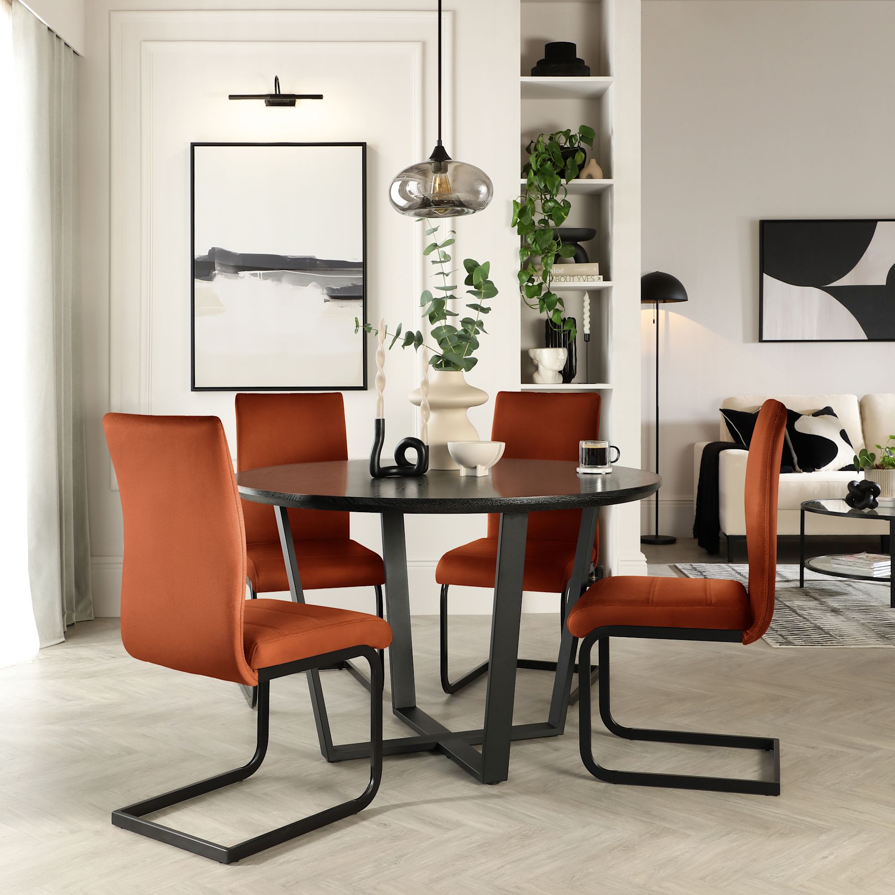 Traviso Round Dining Table & 4 Perth Chairs, Black Oak Effect & Black ...