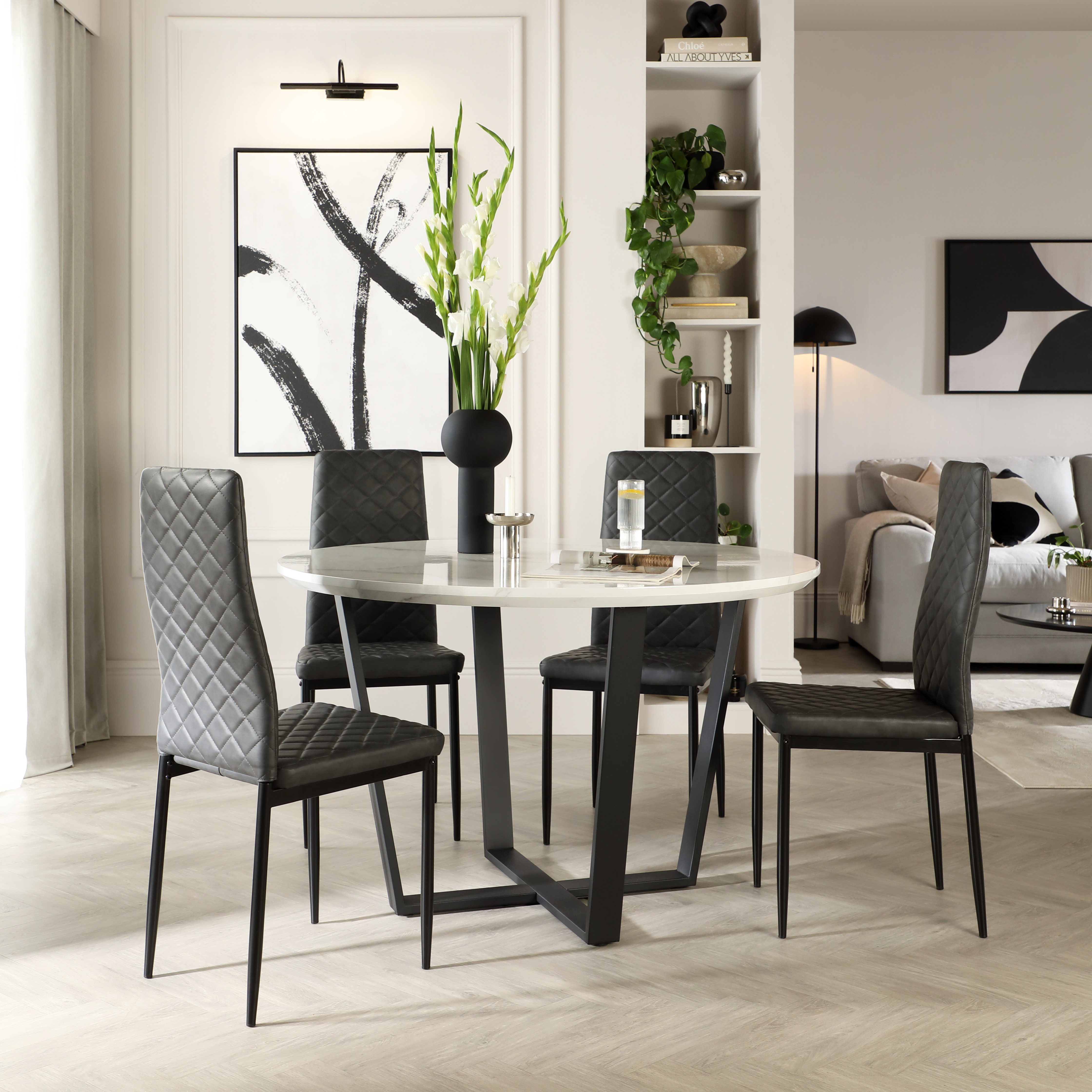 Traviso Round Dining Table & 4 Renzo Chairs, White Marble Effect ...