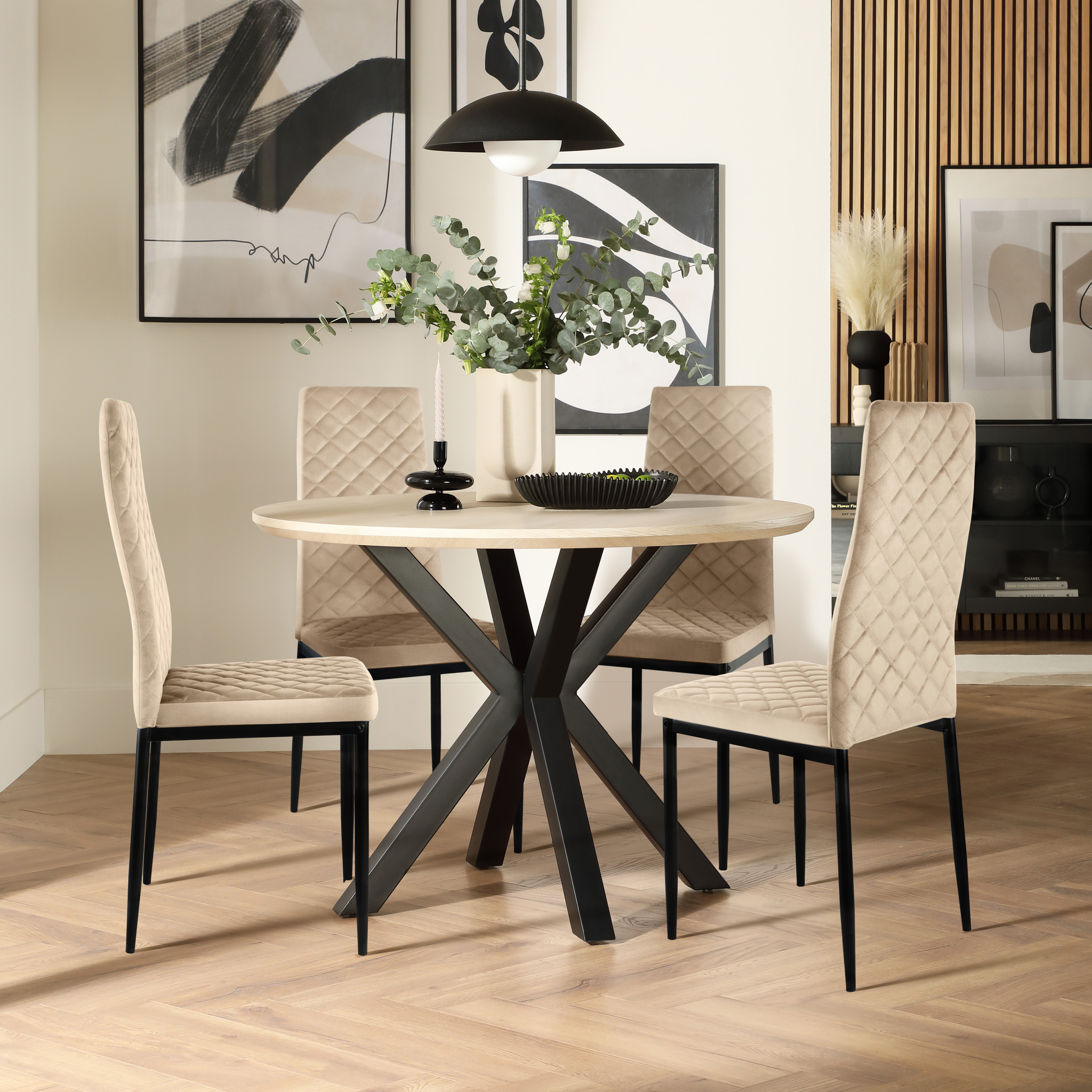 Newark Round Dining Table & 4 Renzo Chairs, Light Oak Effect & Black ...