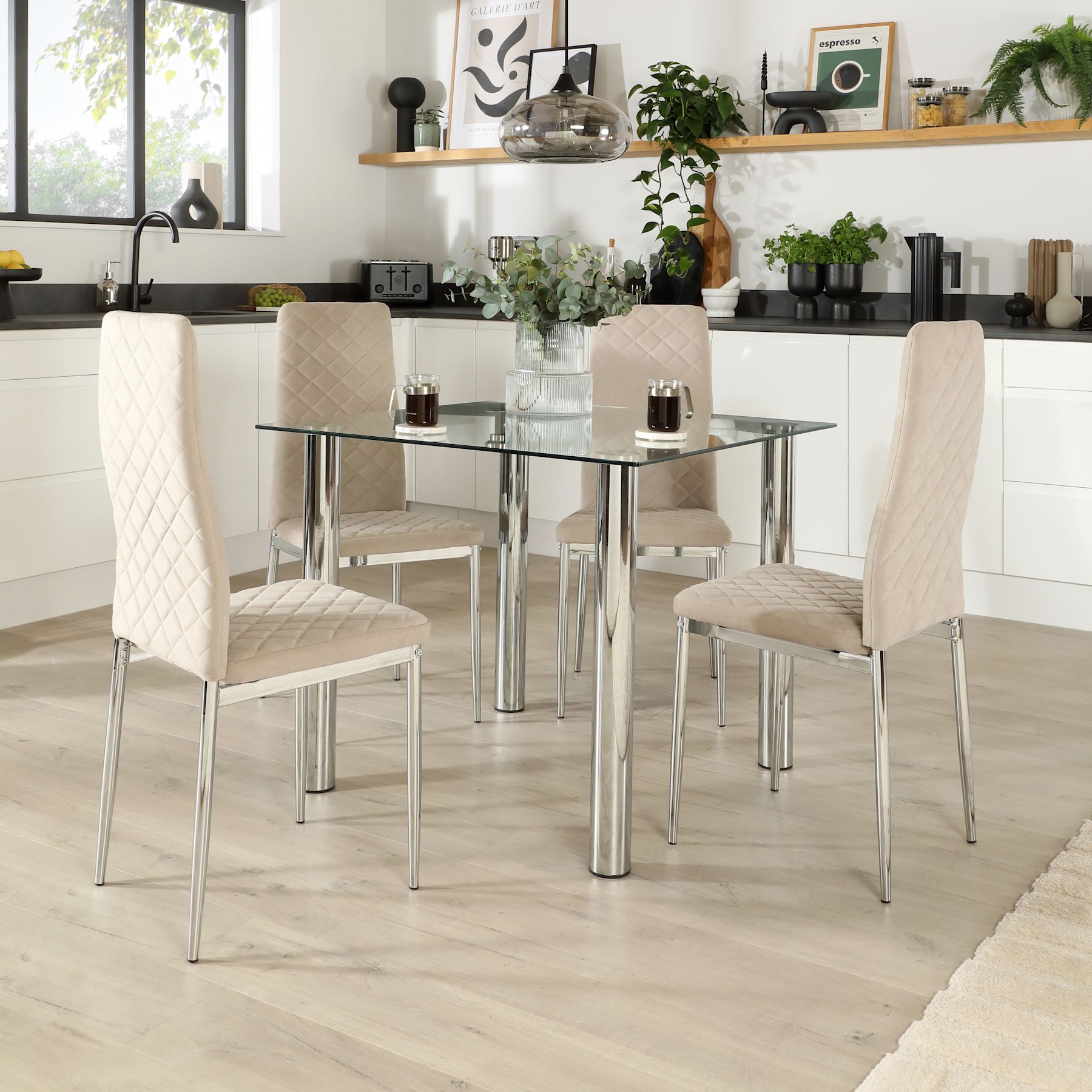 Nova Square Dining Table & 4 Renzo Chairs, Glass & Chrome, Champagne ...