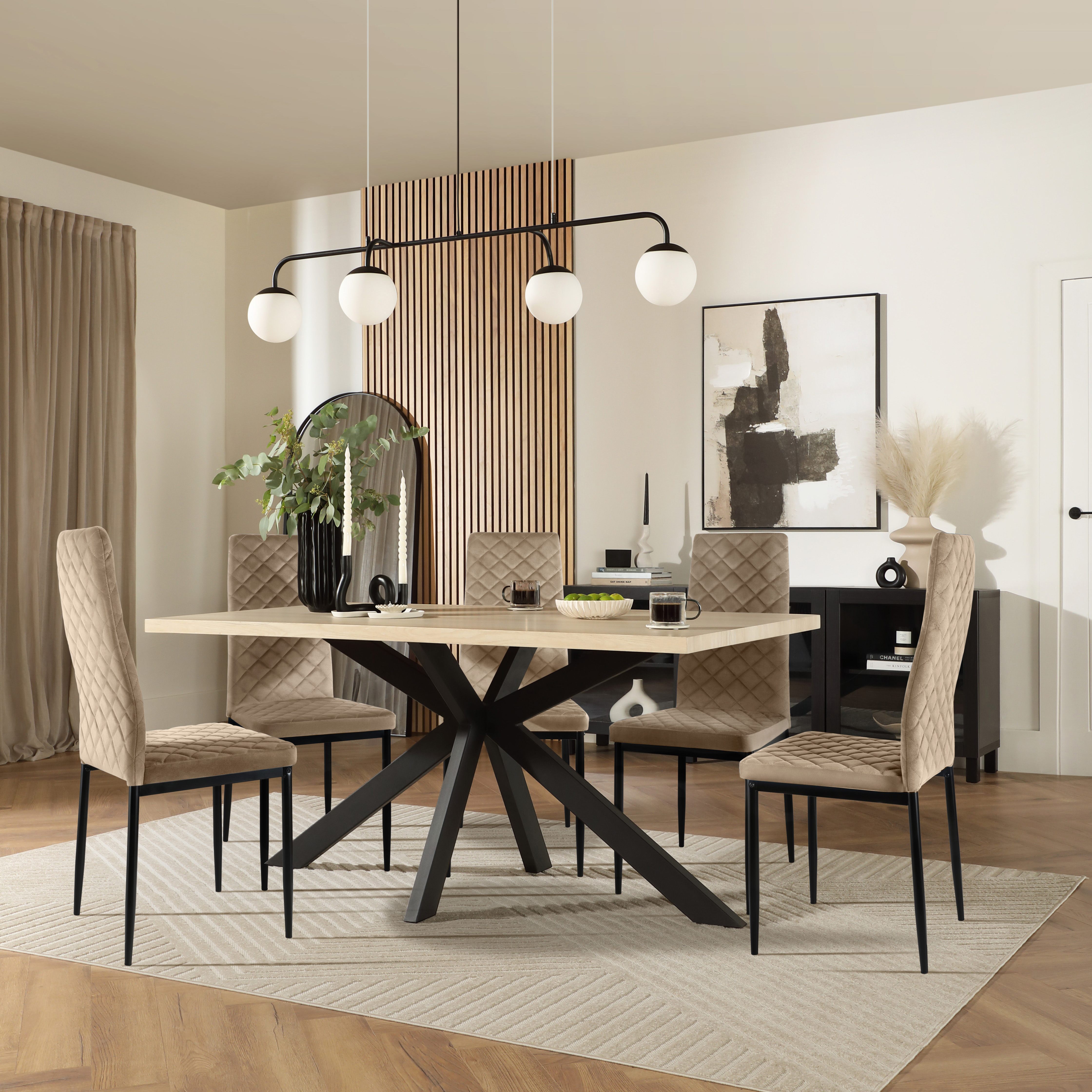 Madison Dining Table & 6 Renzo Chairs, Light Oak Effect & Black Steel ...