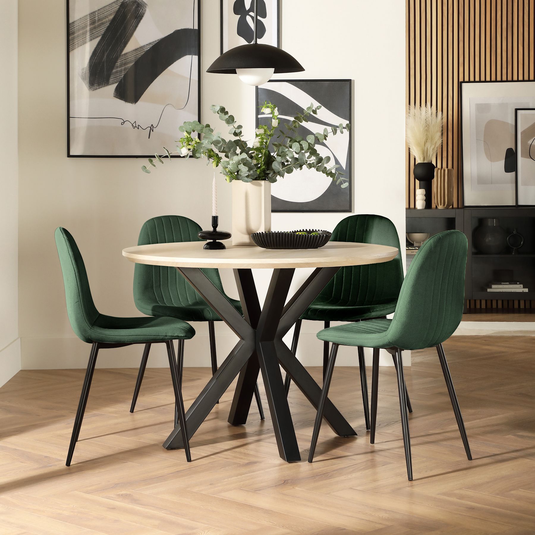 Newark Round Dining Table & 4 Brooklyn Chairs, Light Oak Effect & Black Steel, Moss Green ...