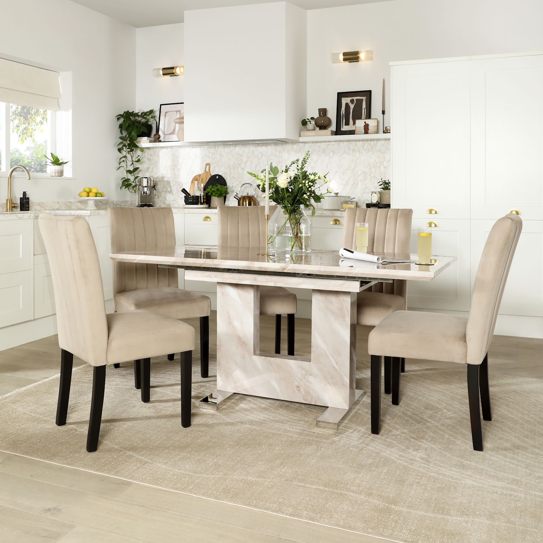 Florence Extending Dining Table & 4 Salisbury Chairs, Beige Marble ...