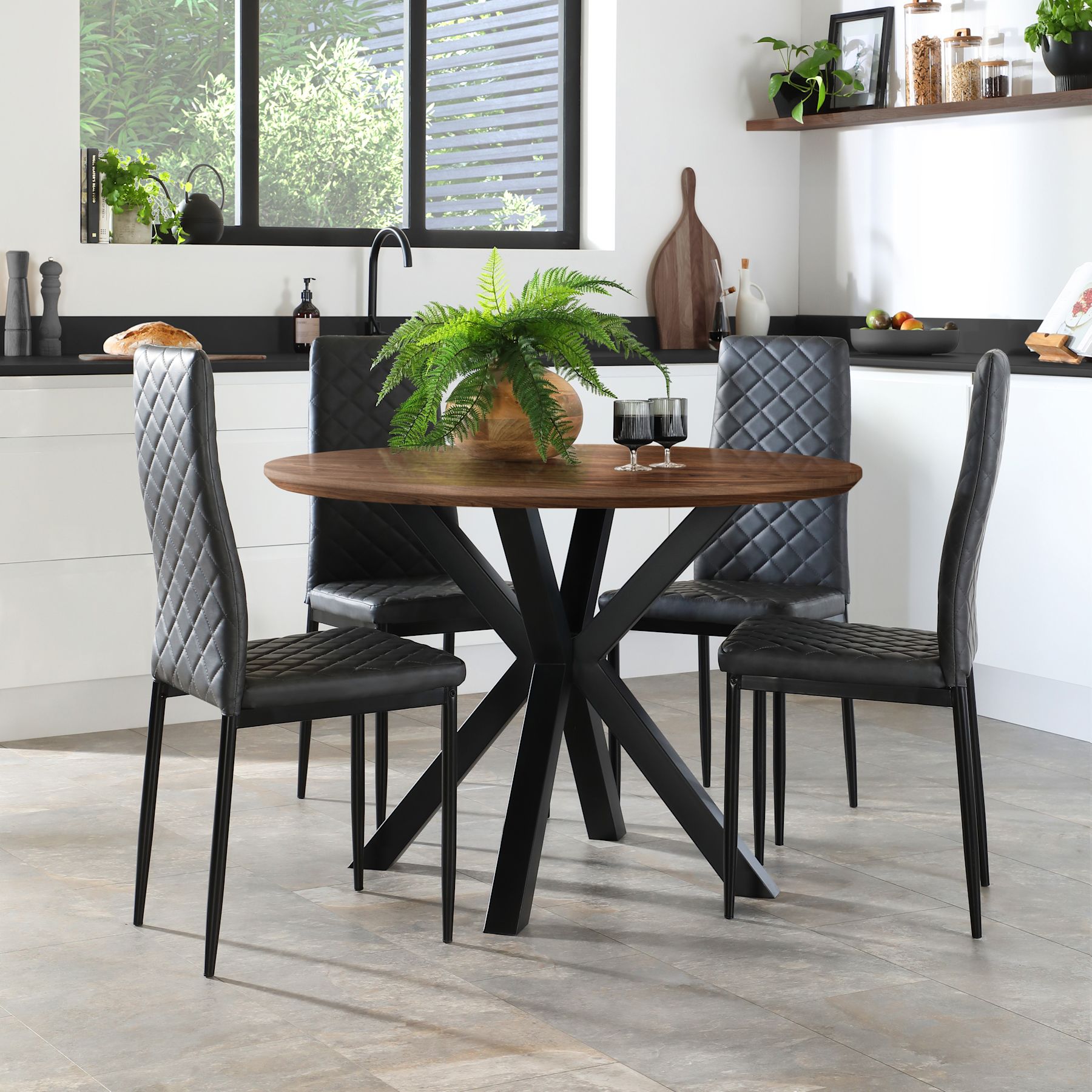 Newark Round Industrial Dining Table & 4 Renzo Chairs, Walnut Effect ...