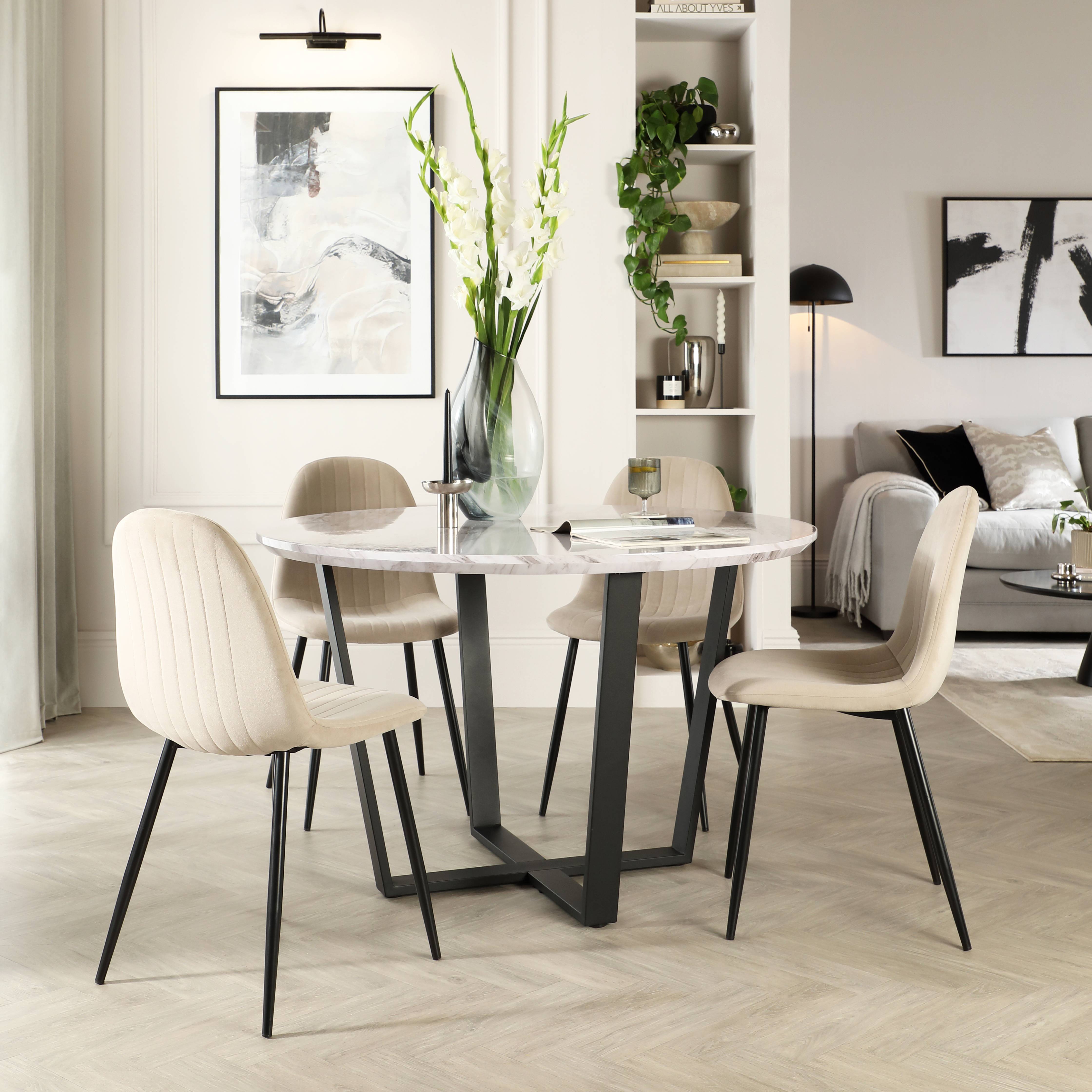 Traviso Round Dining Table & 4 Brooklyn Chairs, Grey Marble Effect ...