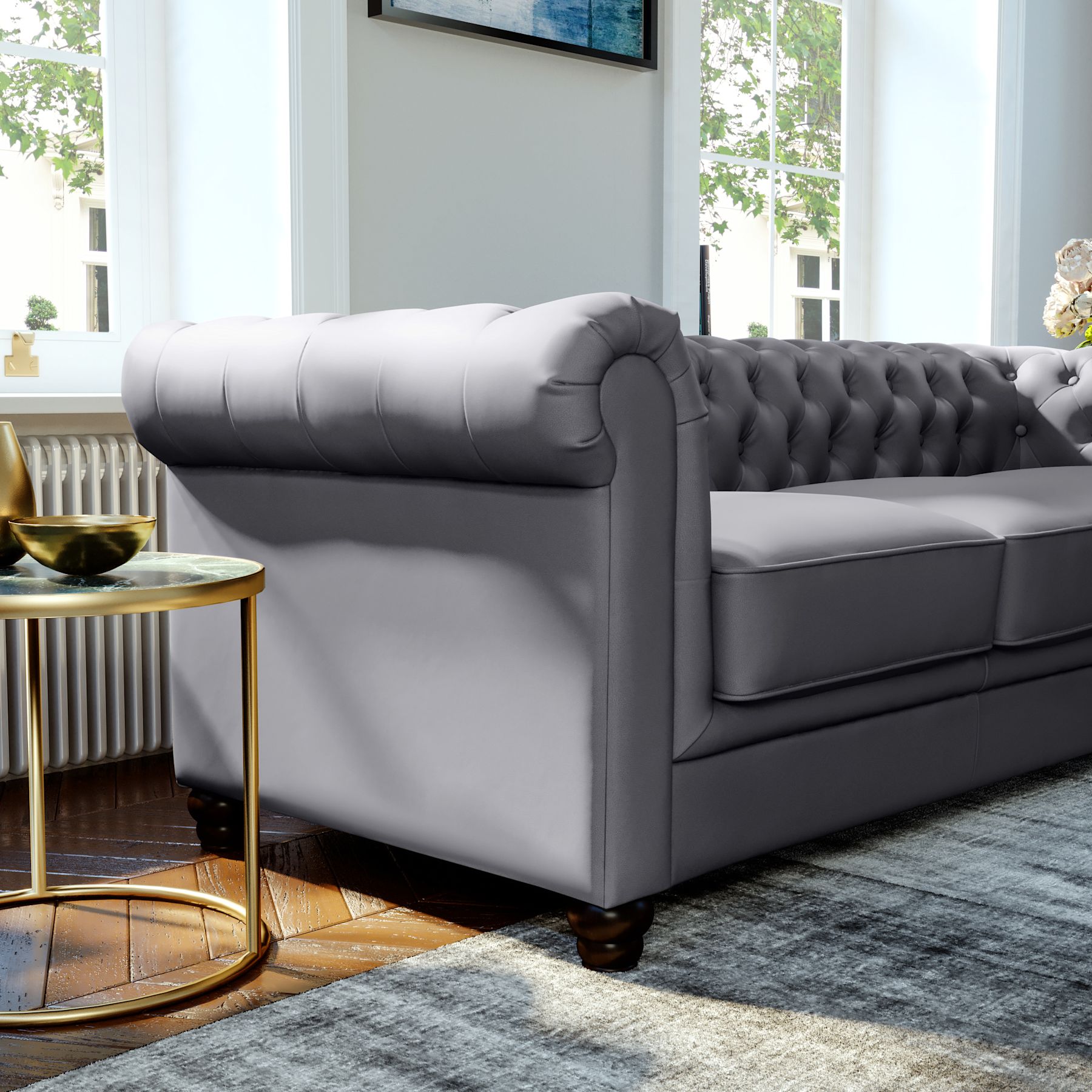 Hampton 3 Seater Chesterfield Sofa, Grey Premium Faux Leather Only £699.99 | Furniture & Choice