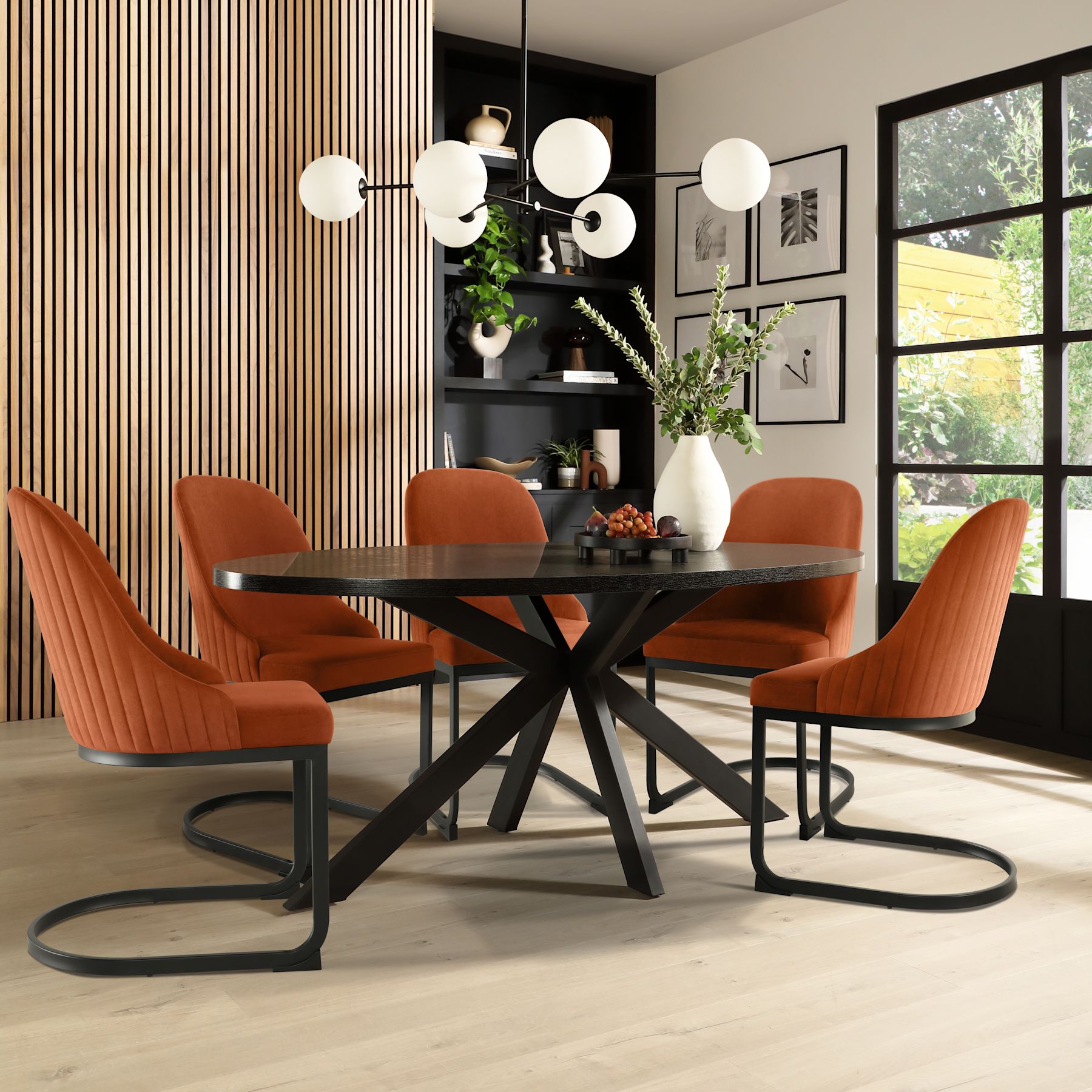 Madison Oval Dining Table & 6 Riva Chairs, Black Oak Effect & Black ...