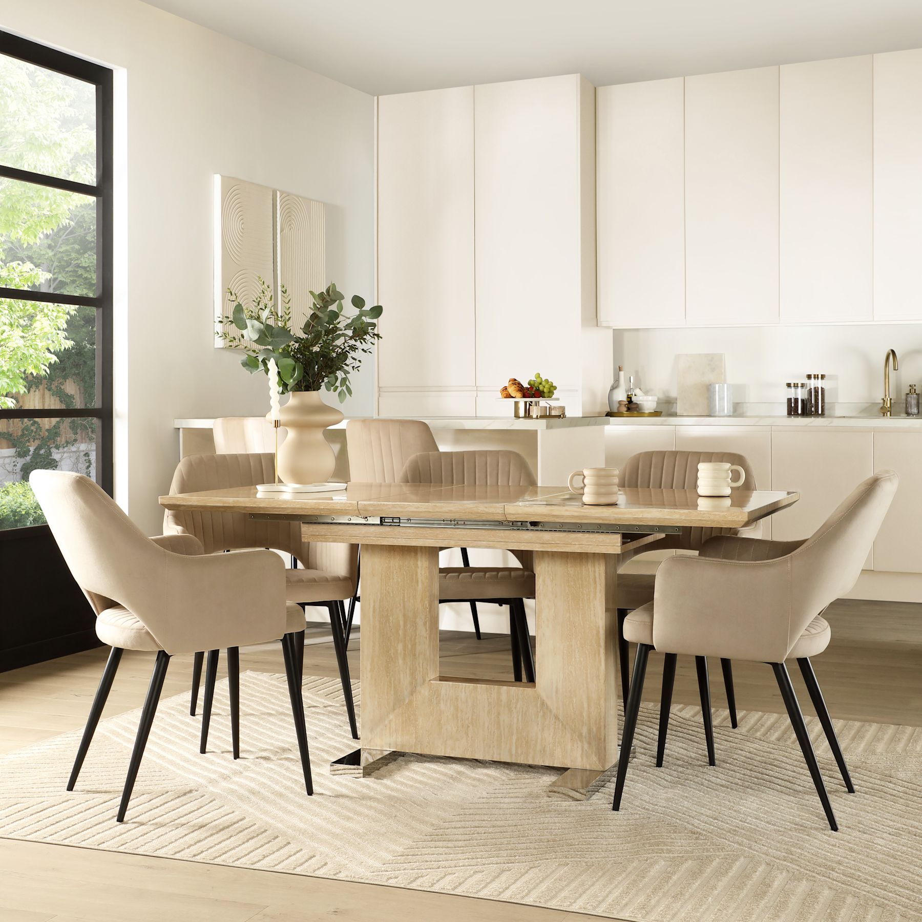 Florence Extending Dining Table & 4 Clara Chairs, Travertine Stone ...