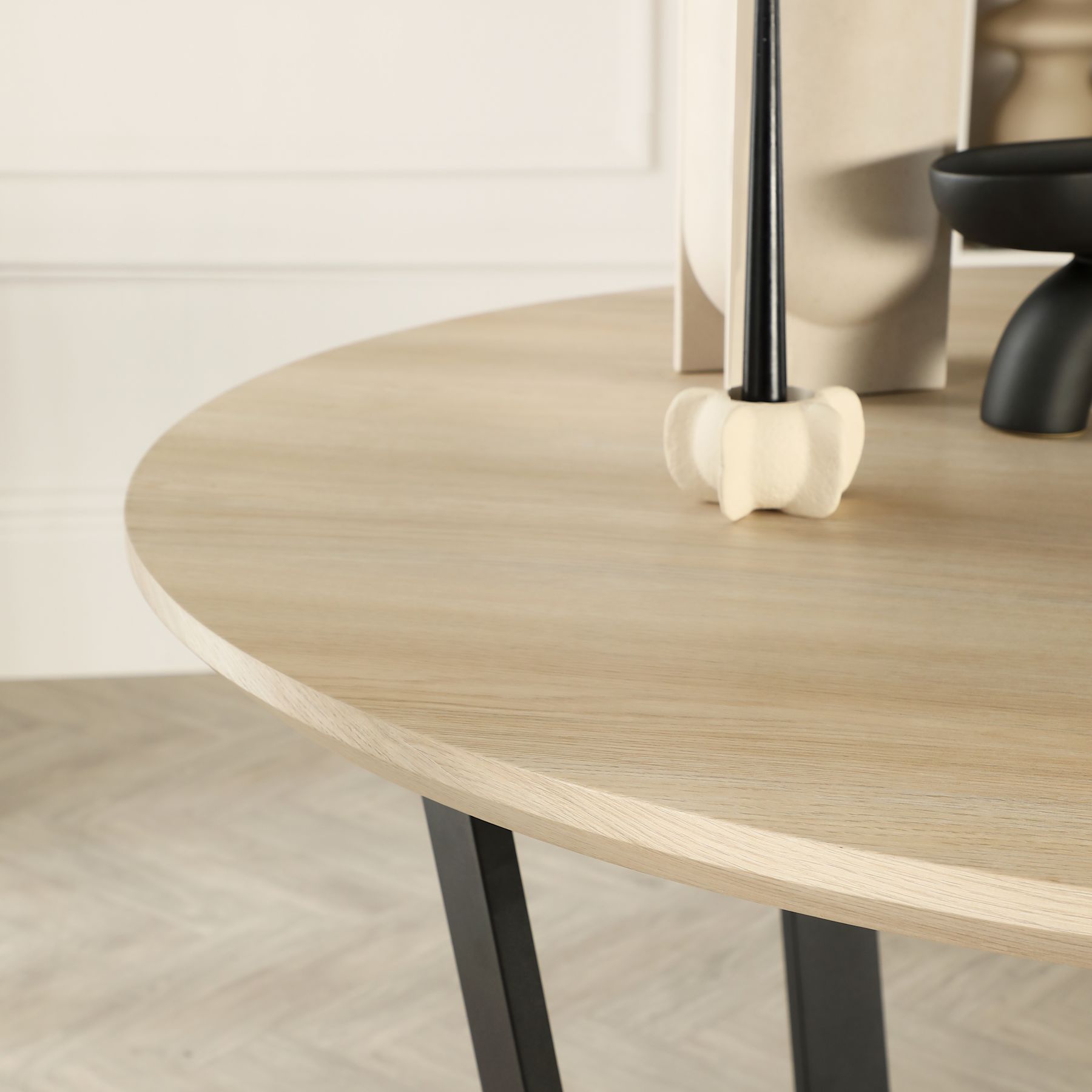 Traviso Round Dining Table & 2 Gianna Chairs, Light Oak Effect & Black Steel, Grey Classic ...