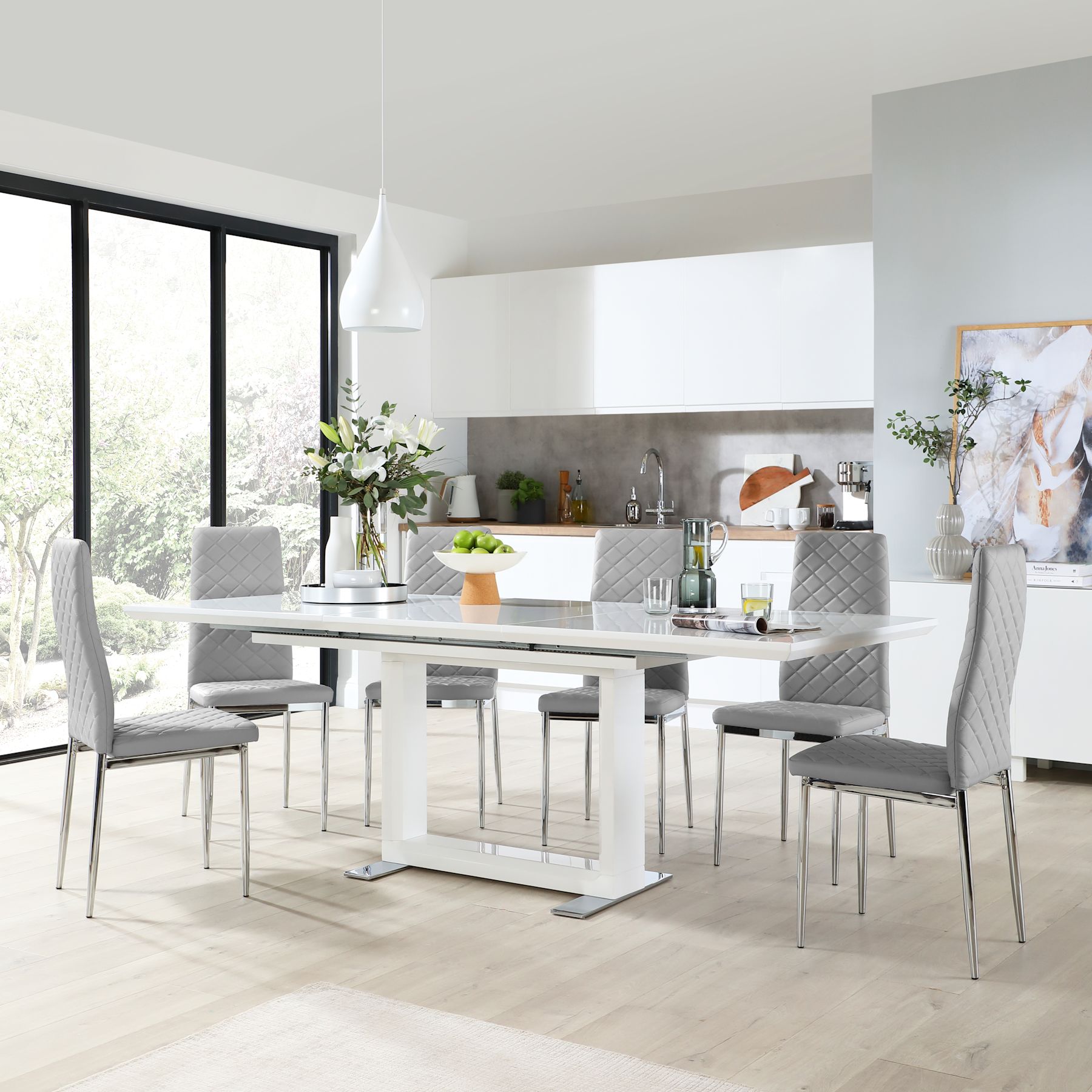 Tokyo Extending Dining Table & 6 Renzo Chairs, White High Gloss, Light ...