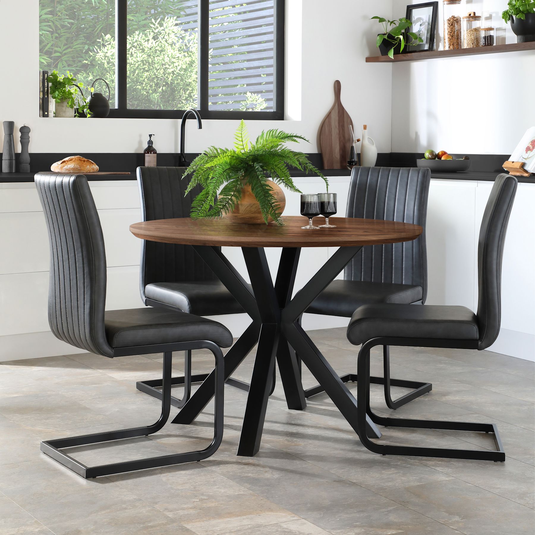 Newark Round Industrial Dining Table & 4 Perth Chairs, Walnut Effect ...