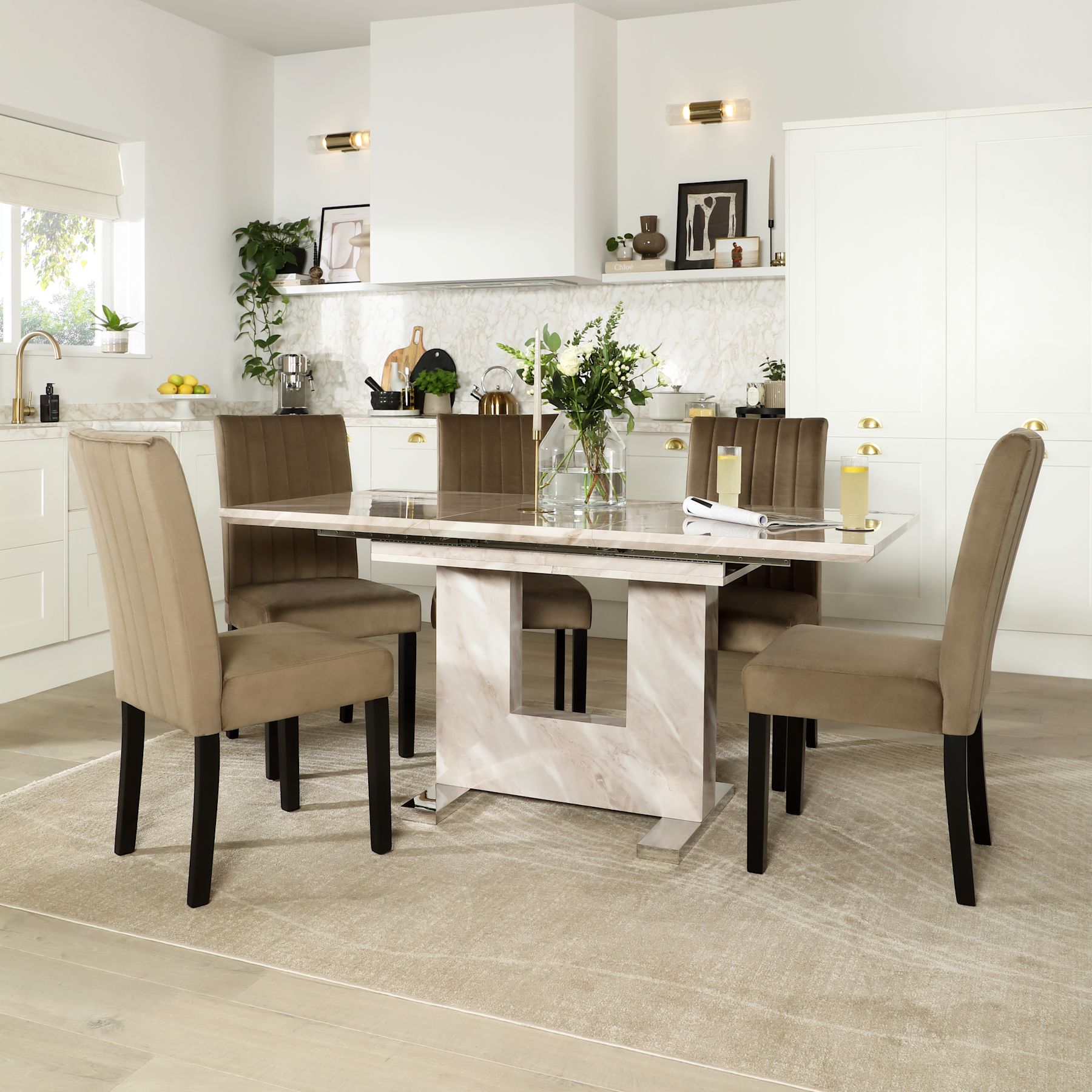 Florence Extending Dining Table & 4 Salisbury Chairs, Beige Marble ...