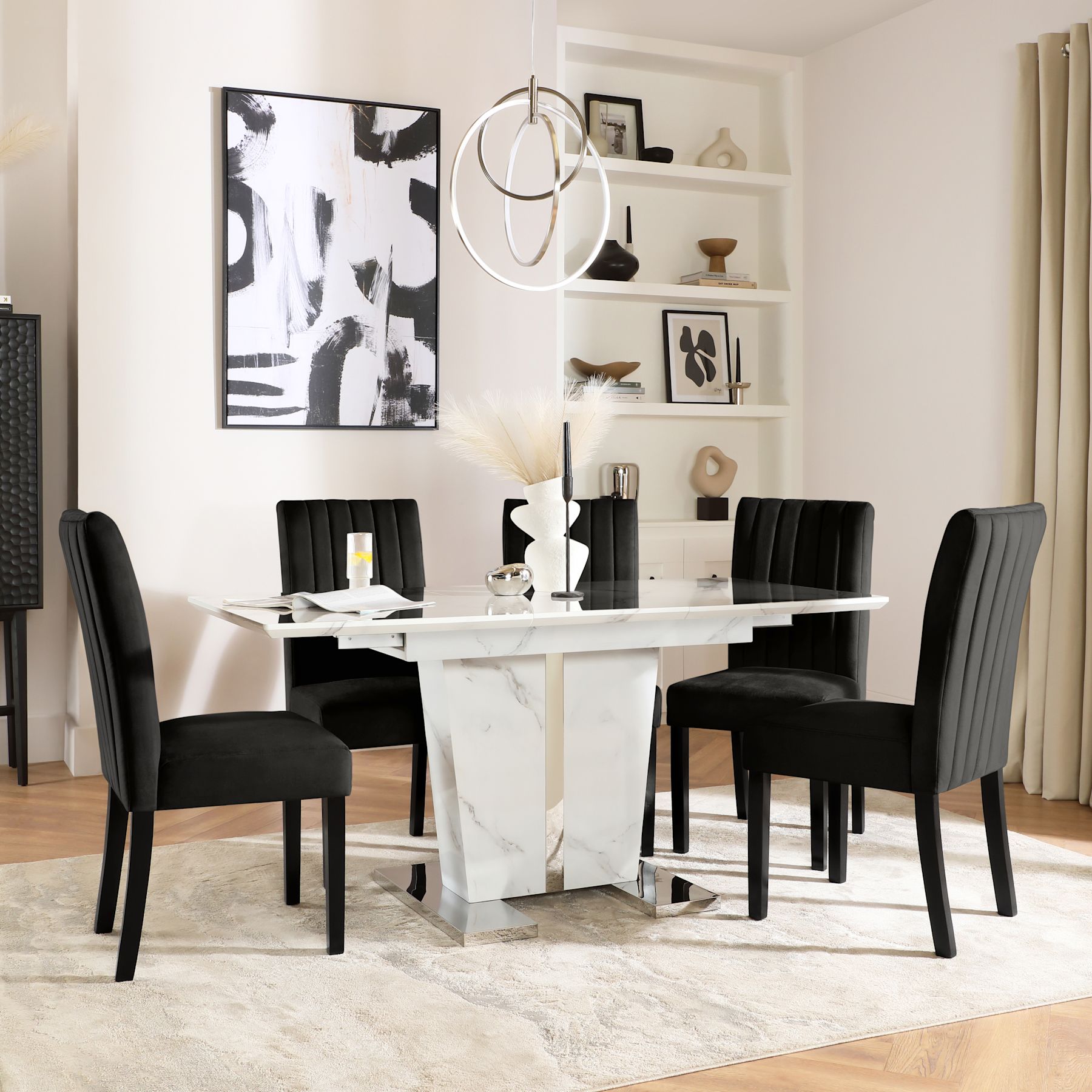 Vienna Extending Dining Table & 4 Salisbury Chairs, White Marble Effect, Black Classic Velvet ...