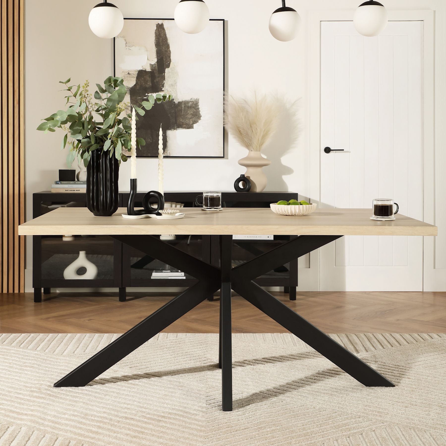 Madison Dining Table & 6 Gianna Chairs, Light Oak Effect & Black Steel ...