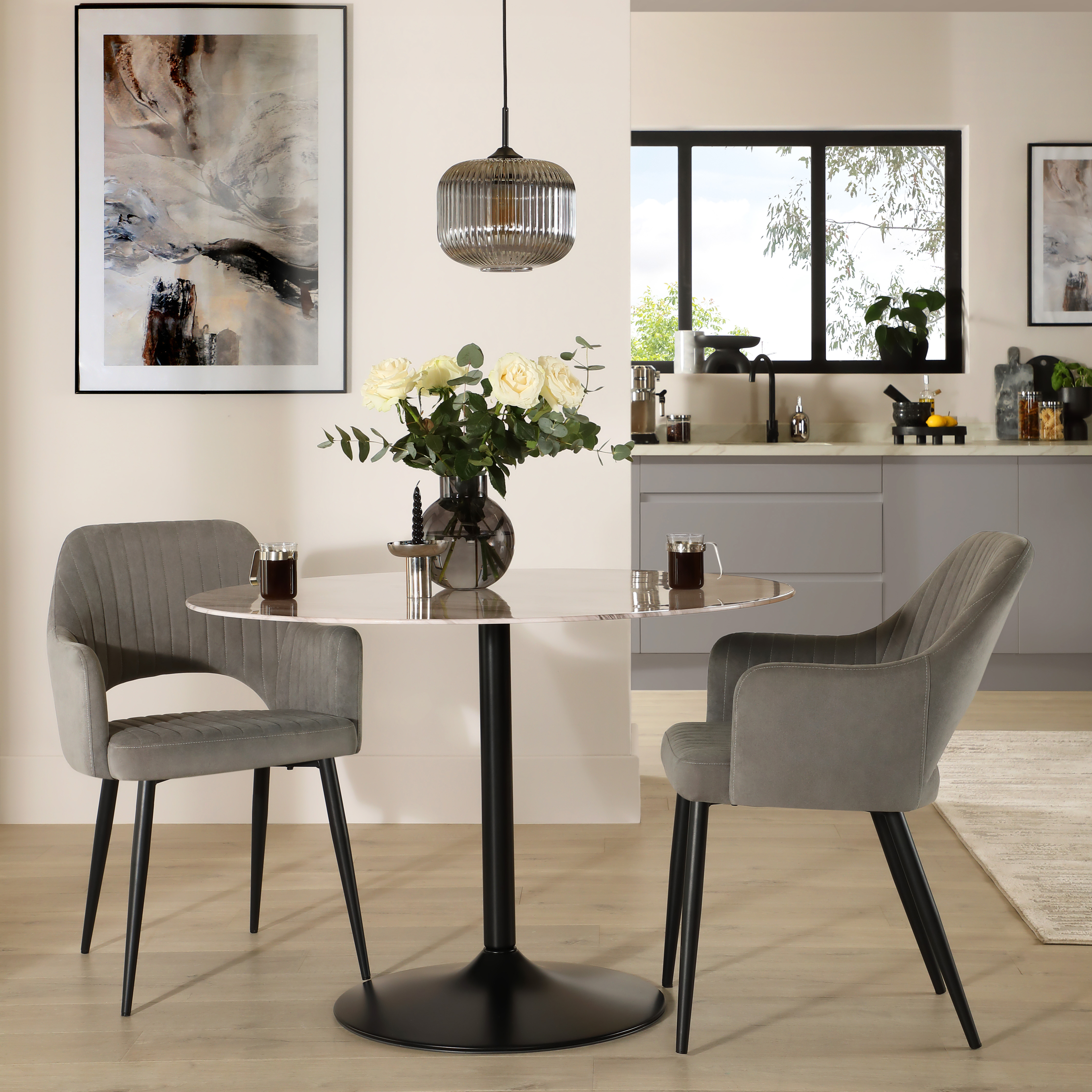 Orbit Round Dining Table & 2 Clara Dining Chairs, Grey Marble Effect & Black Steel, Grey Classic ...