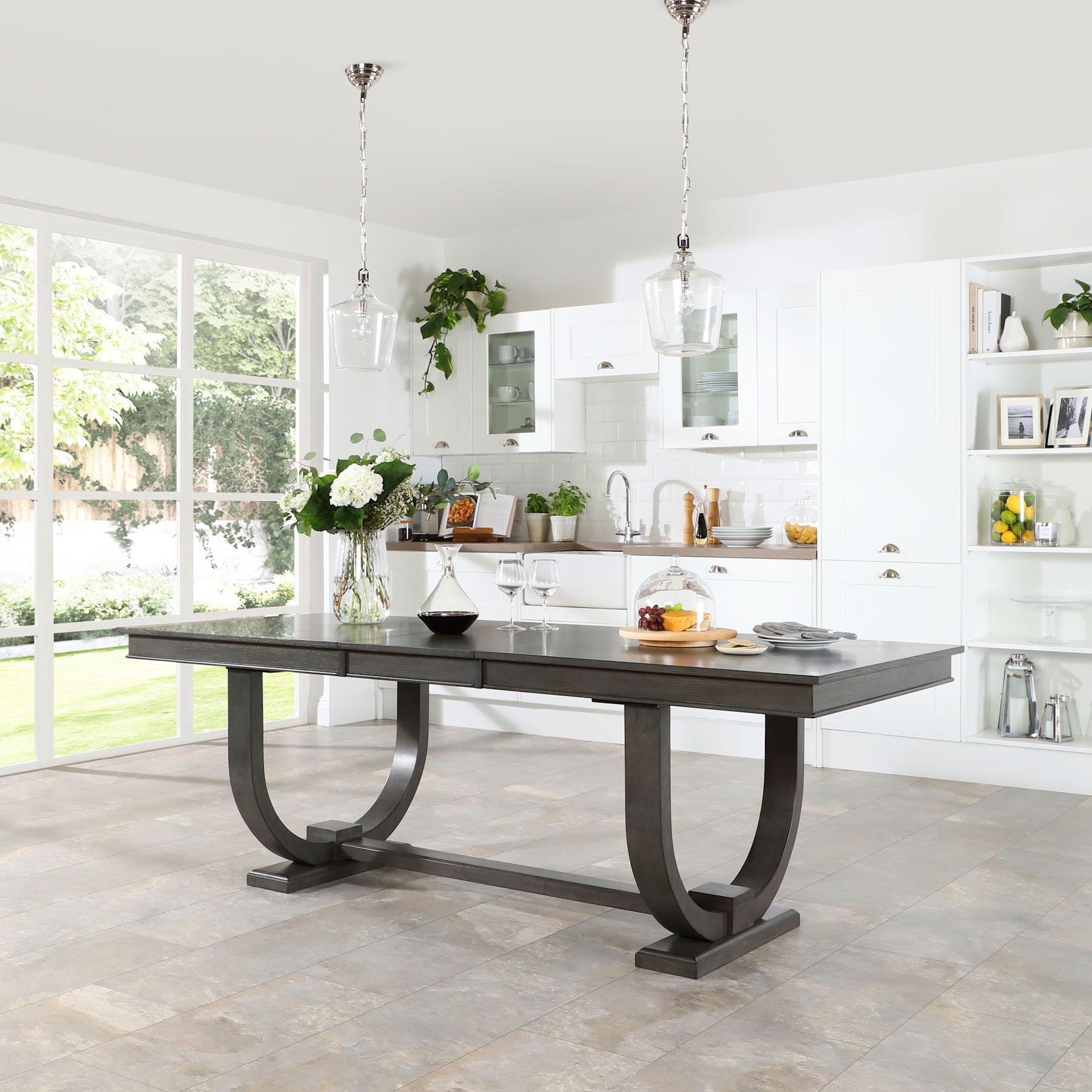 Pavilion Extending Dining Table & 6 Kensington Chairs, Grey Oak Veneer & Solid Hardwood, Burnt ...