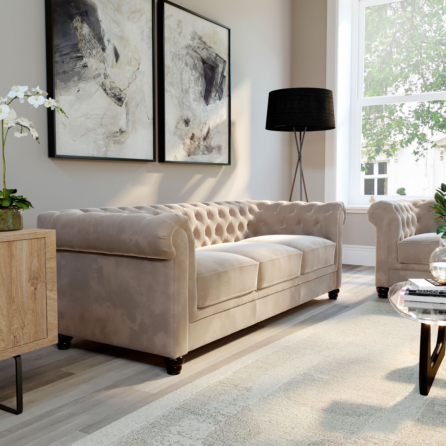 Hampton 3+2 Seater Chesterfield Sofa Set, Champagne Classic Velvet Only ...