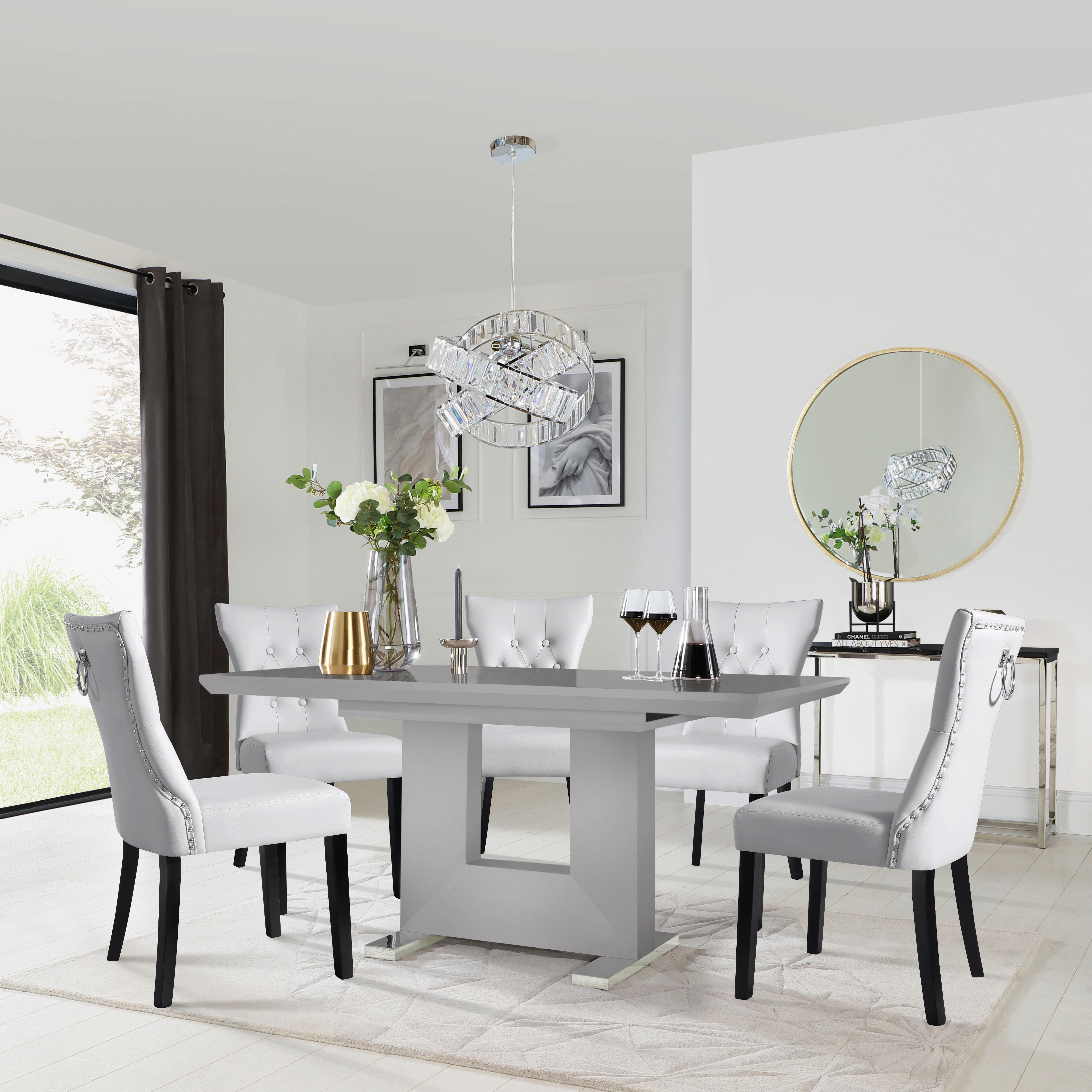 Florence Extending Dining Table & 4 Kensington Chairs, Grey High Gloss ...