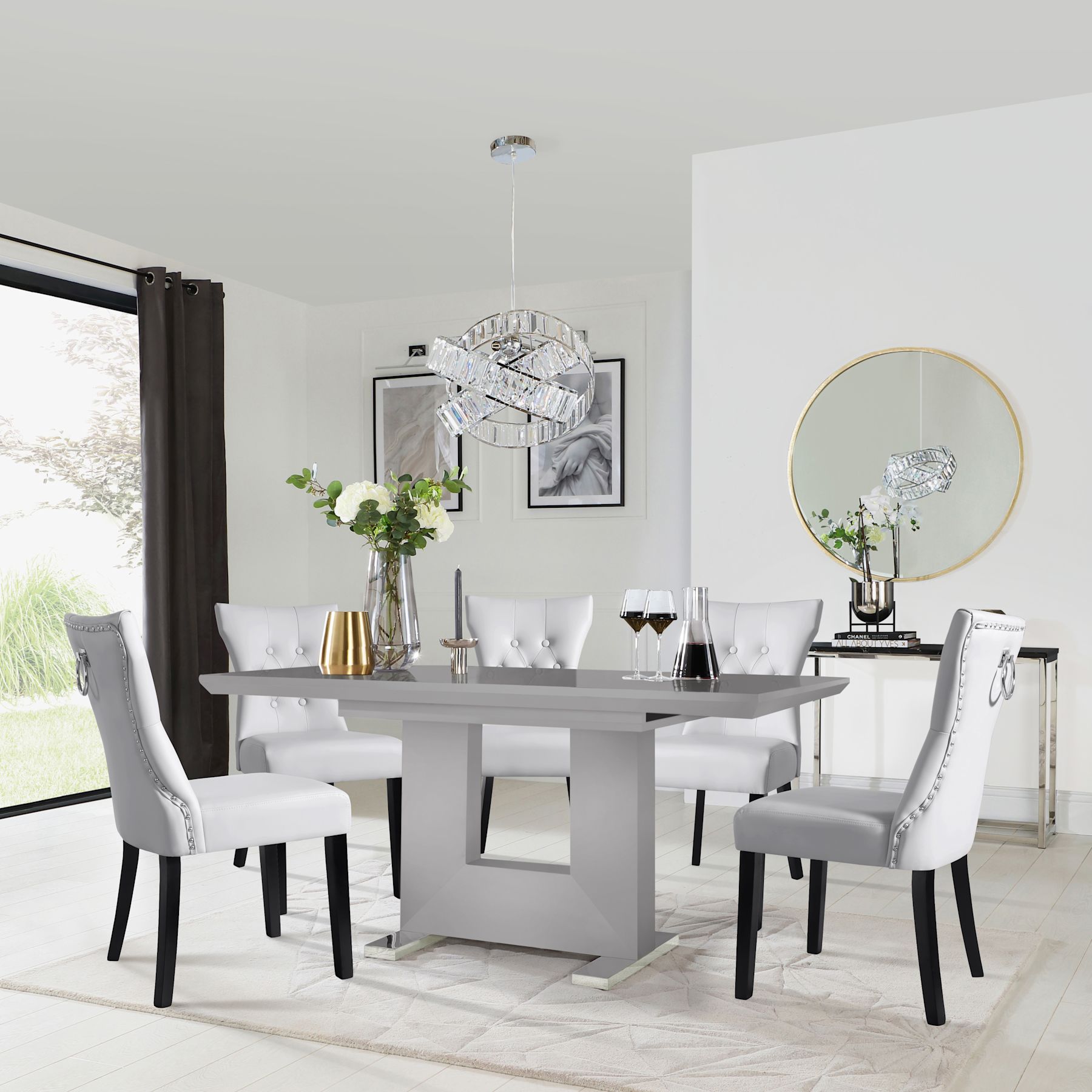 Florence Extending Dining Table & 4 Kensington Chairs, Grey High Gloss ...