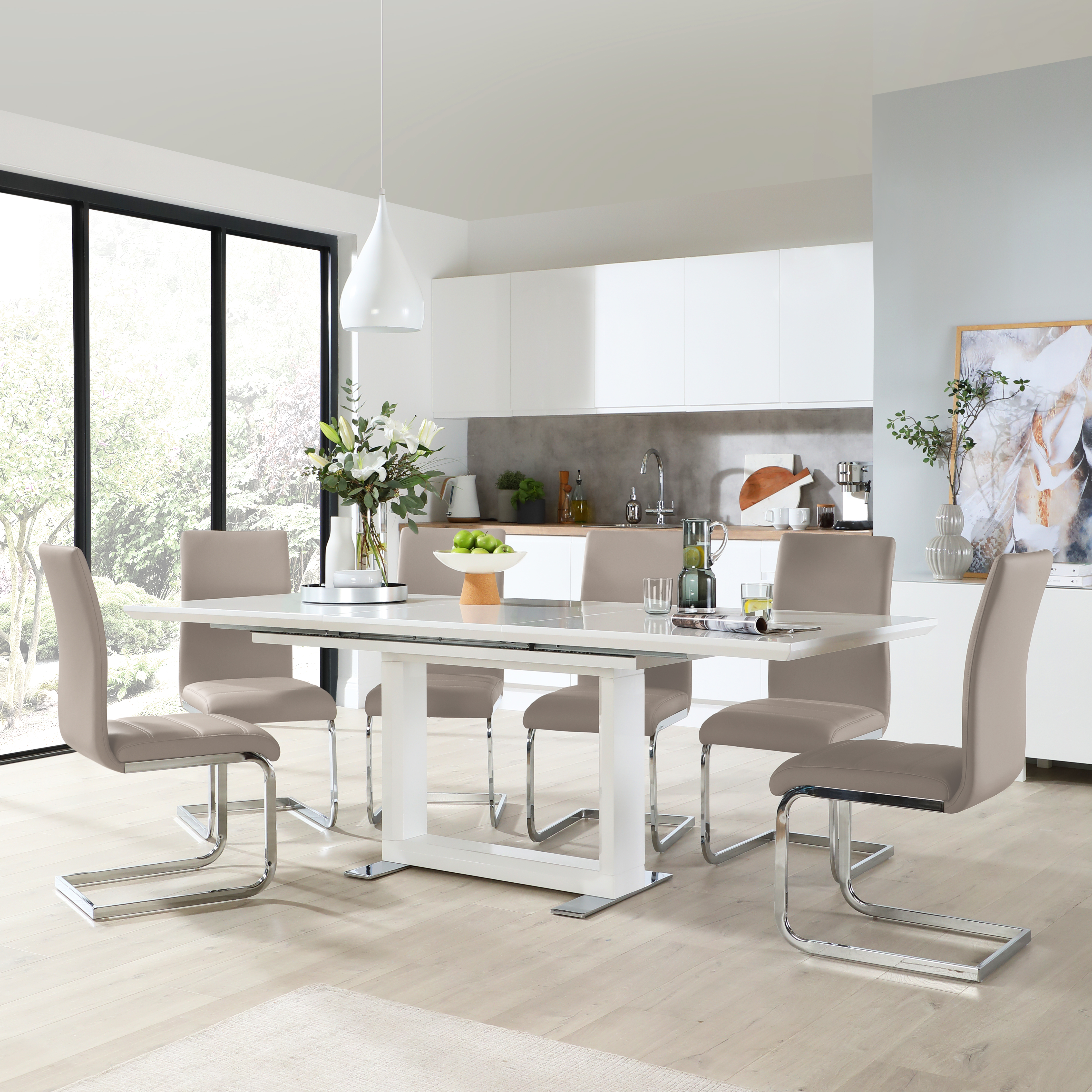 Tokyo Extending Dining Table & 6 Perth Chairs, White High Gloss, Stone ...