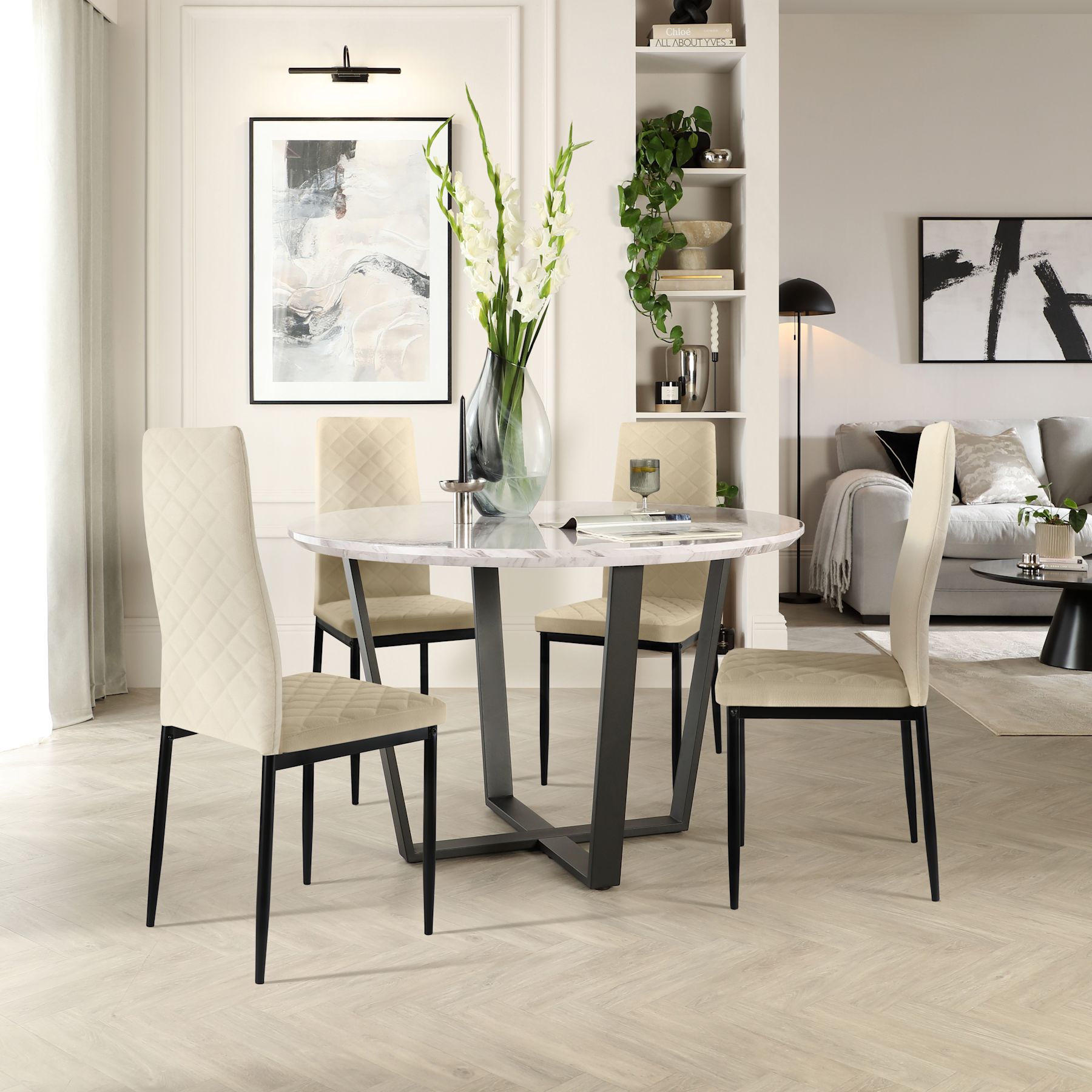 Traviso Round Dining Table & 4 Renzo Chairs, Grey Marble Effect & Black ...