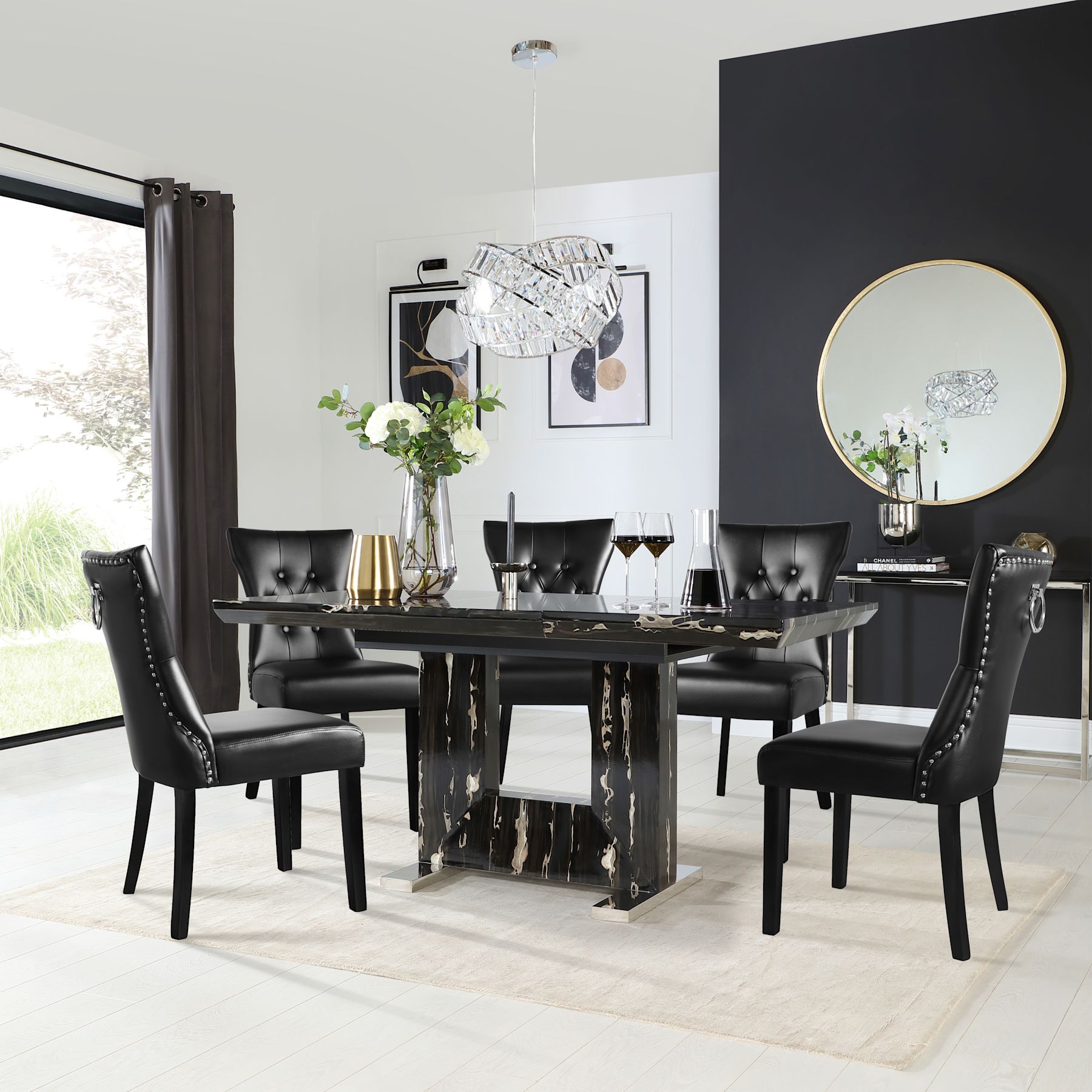 Florence Extending Dining Table & 4 Kensington Chairs, Black Marble ...