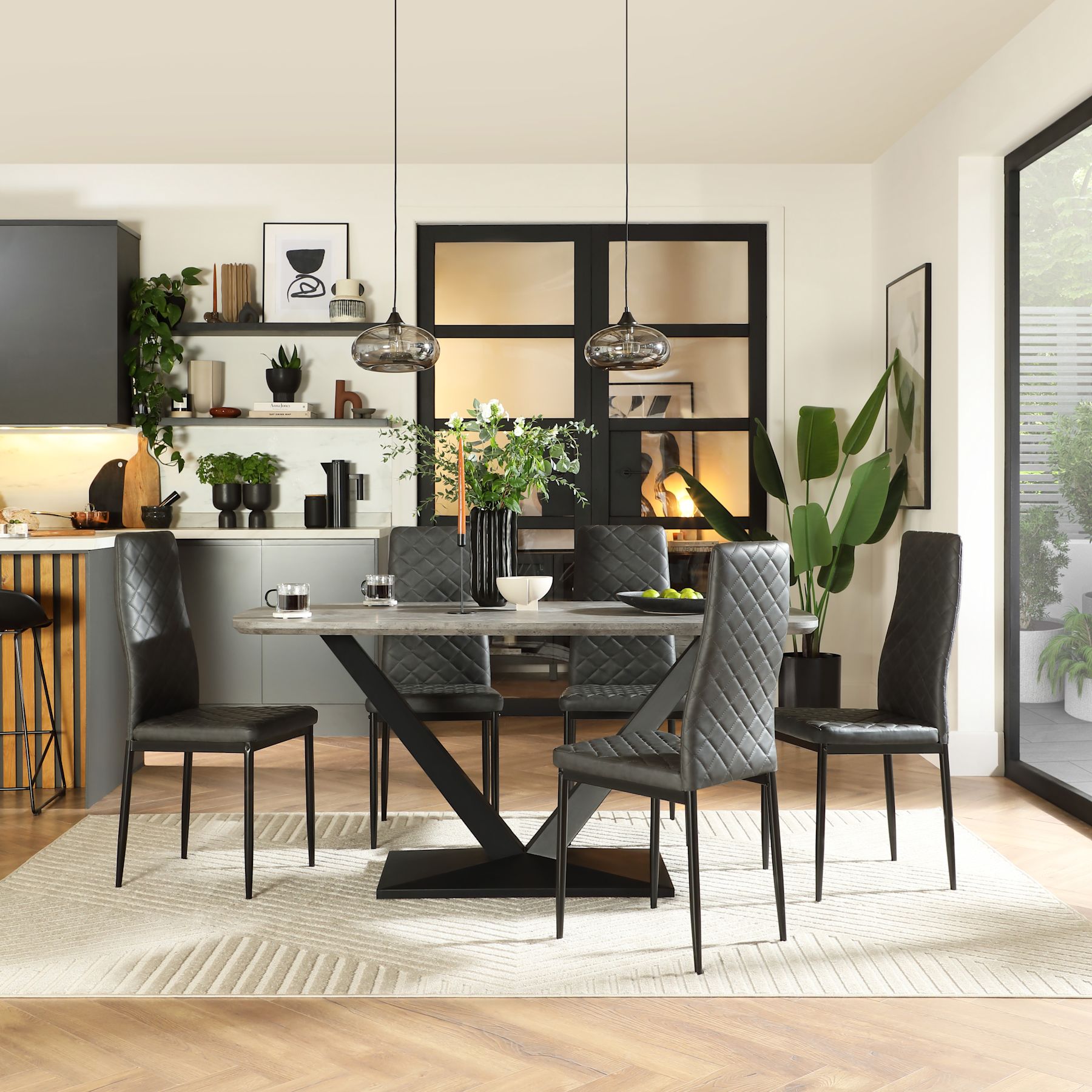 Avanta Industrial Dining Table & 4 Renzo Dining Chairs, Concrete Effect ...