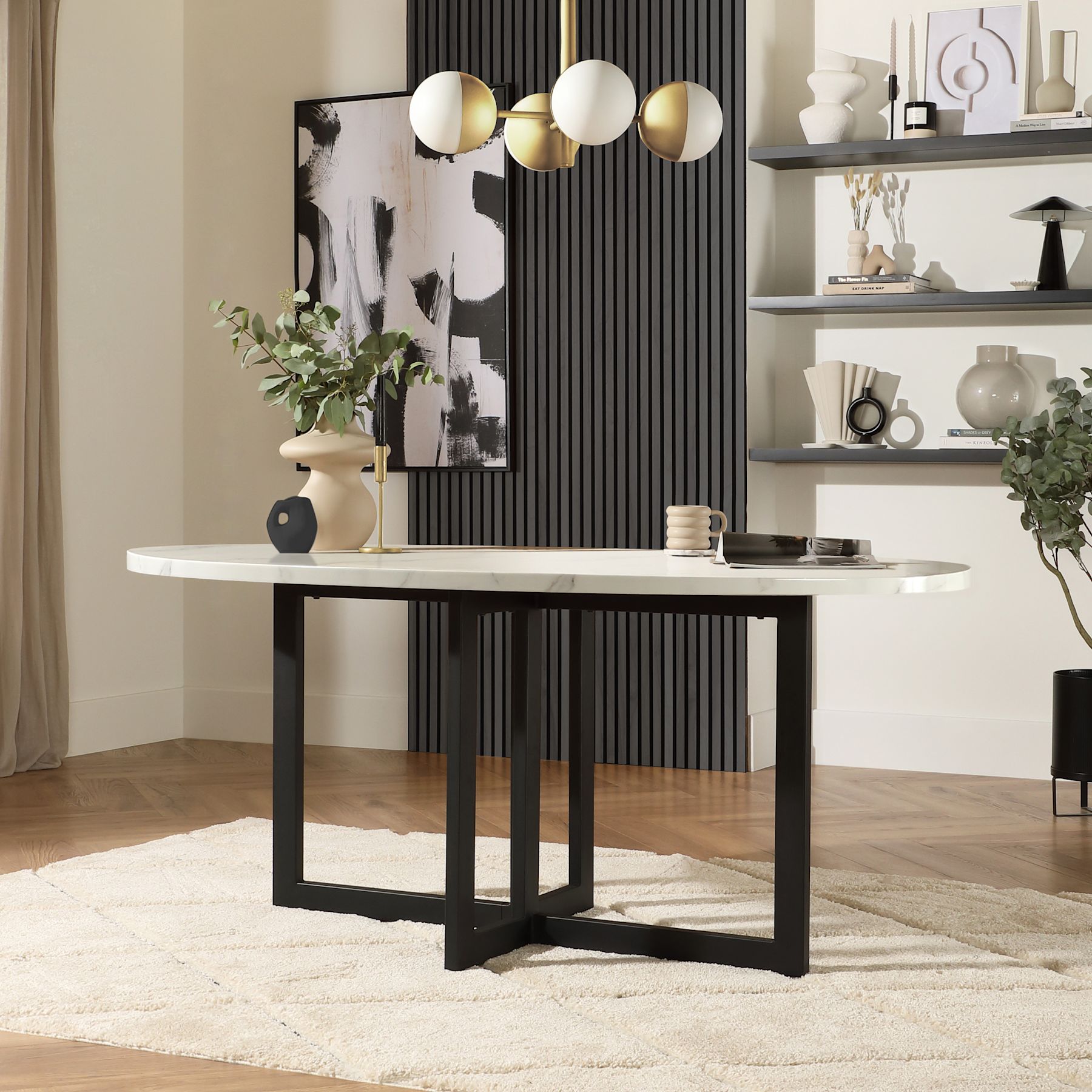 Newbury Oval Dining Table & 6 Ricco Chairs, White Marble Effect & Black ...