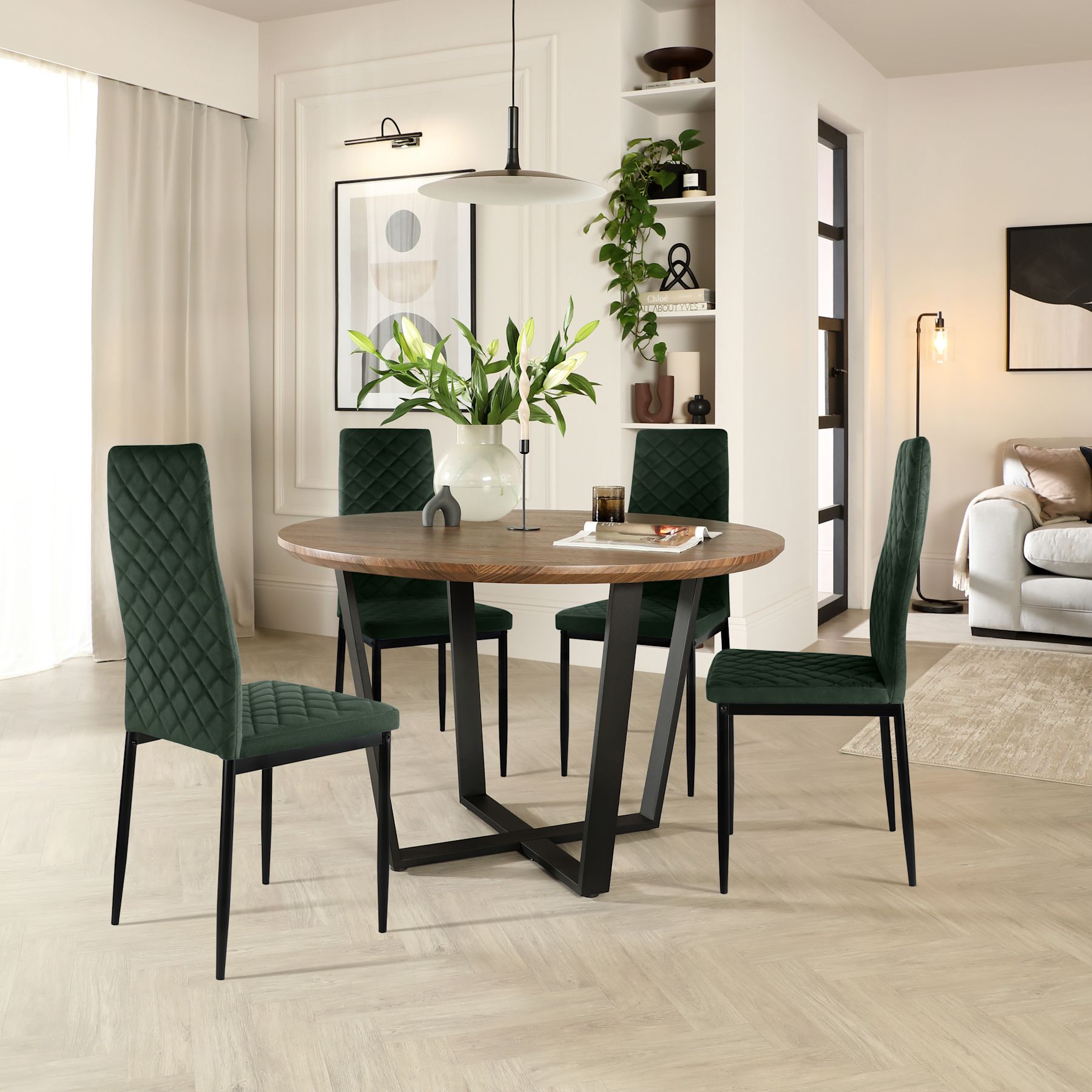 Traviso Round Industrial Dining Table & 4 Renzo Chairs, Walnut Effect ...