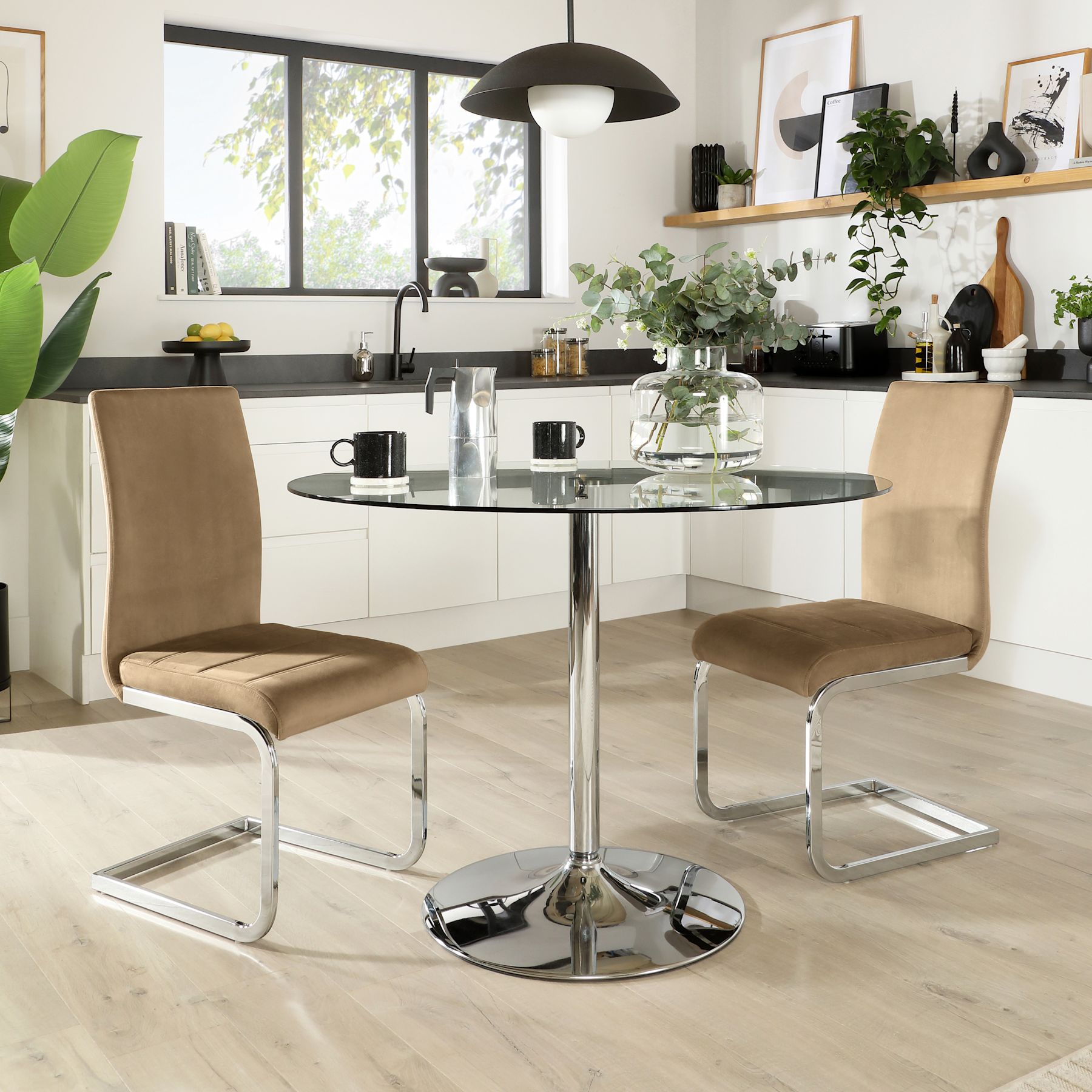 Orbit Round Dining Table & 2 Perth Chairs, Glass & Chrome, Beige ...