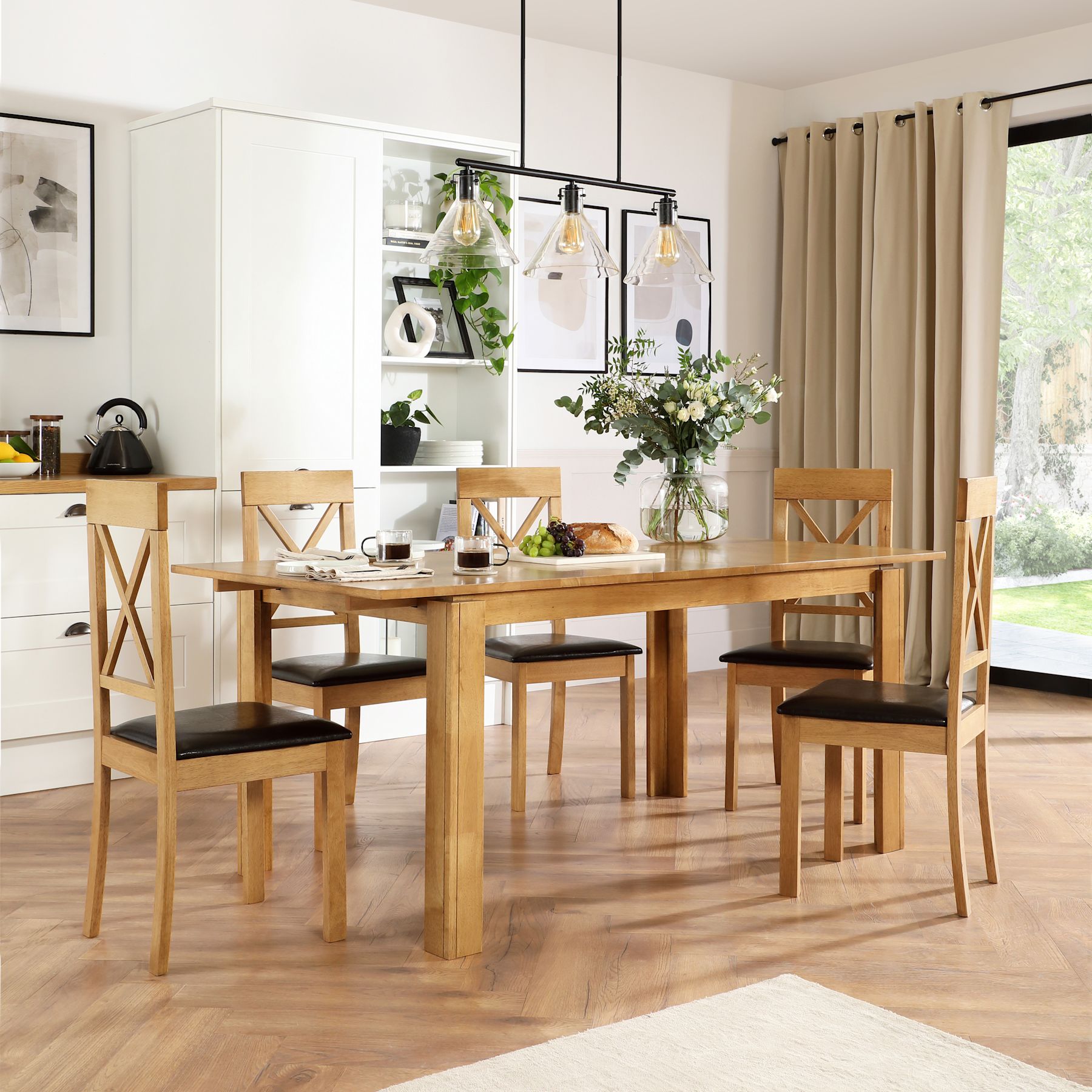 Bali Extending Dining Table & 6 Kendal Chairs, Natural Oak Finished Solid Hardwood, Brown ...