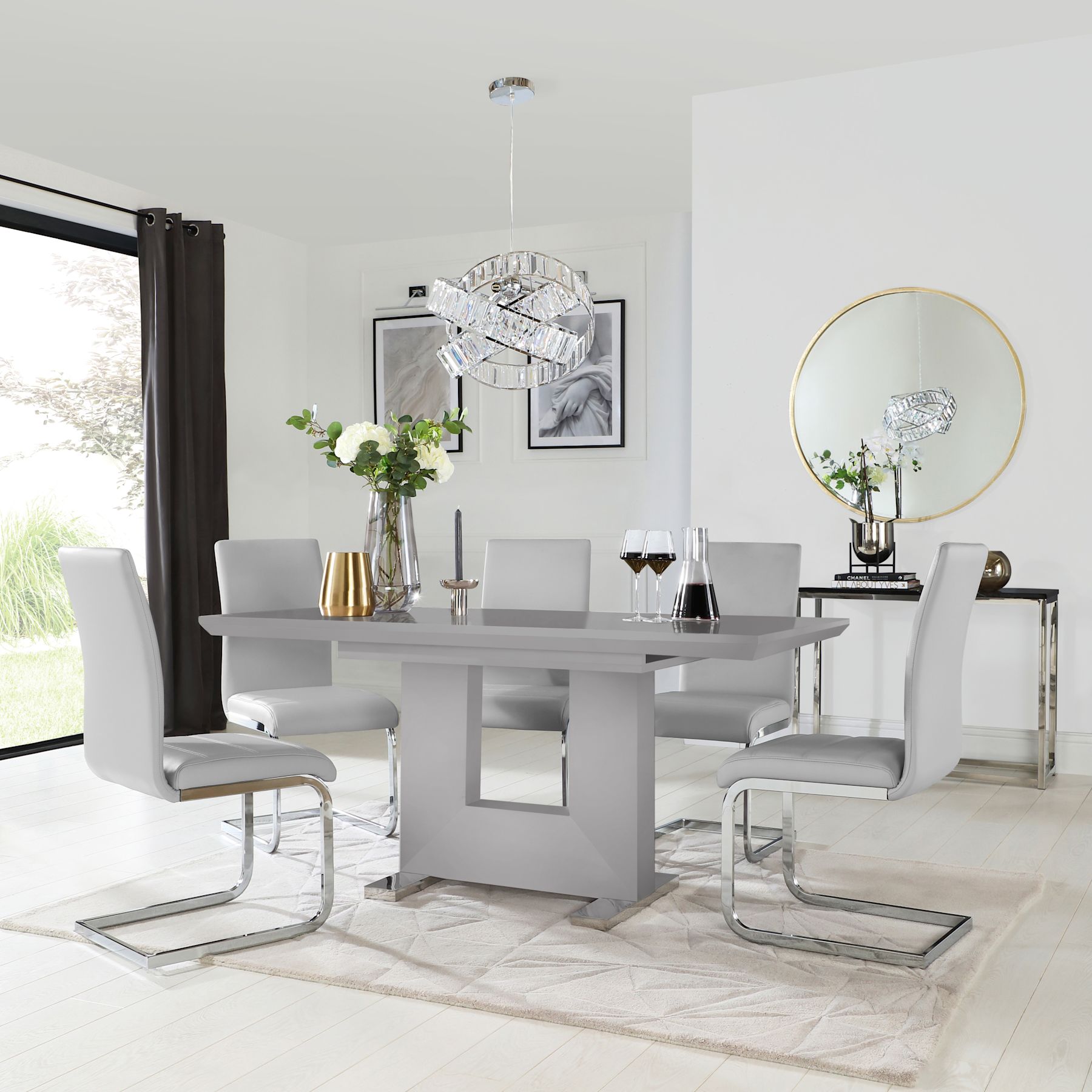 Florence Extending Dining Table & 6 Perth Chairs, Grey High Gloss ...
