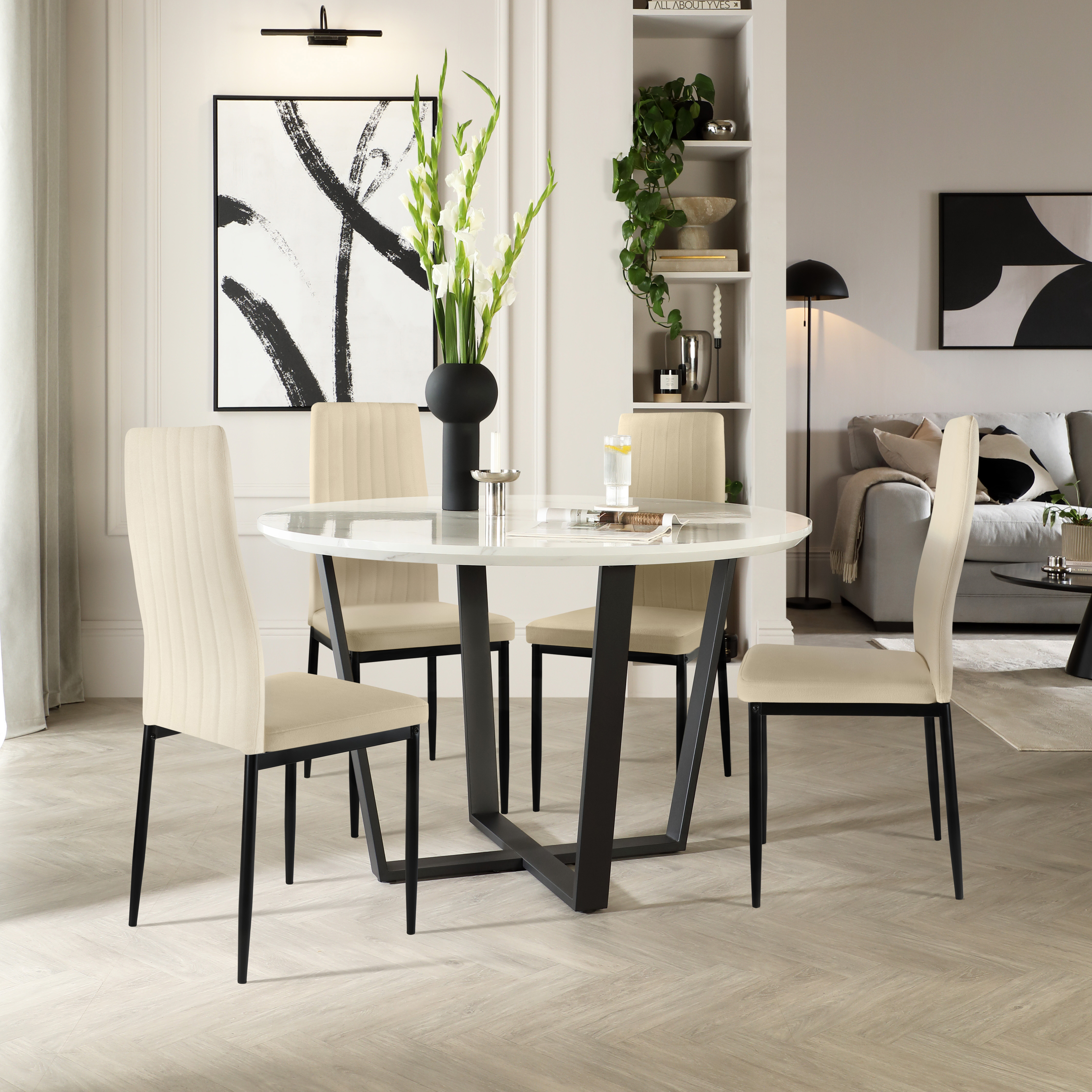 Traviso Round Dining Table & 4 Leon Chairs, White Marble Effect & Black ...